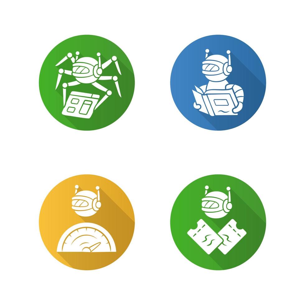Internet bots flat design long shadow glyph icons set. Crawler, text-reading, optimizer, scalper ...