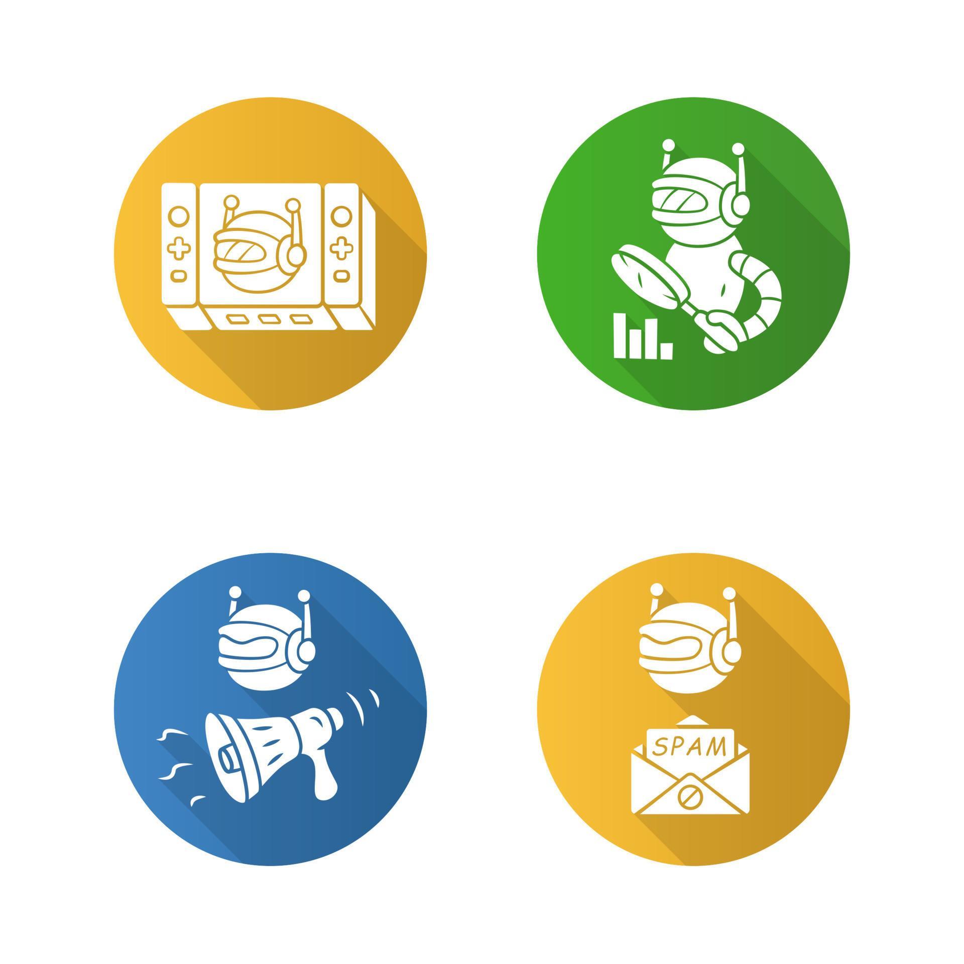 Web robots flat design long shadow glyph icons set. Game, propaganda, monitoring, spam bot ...