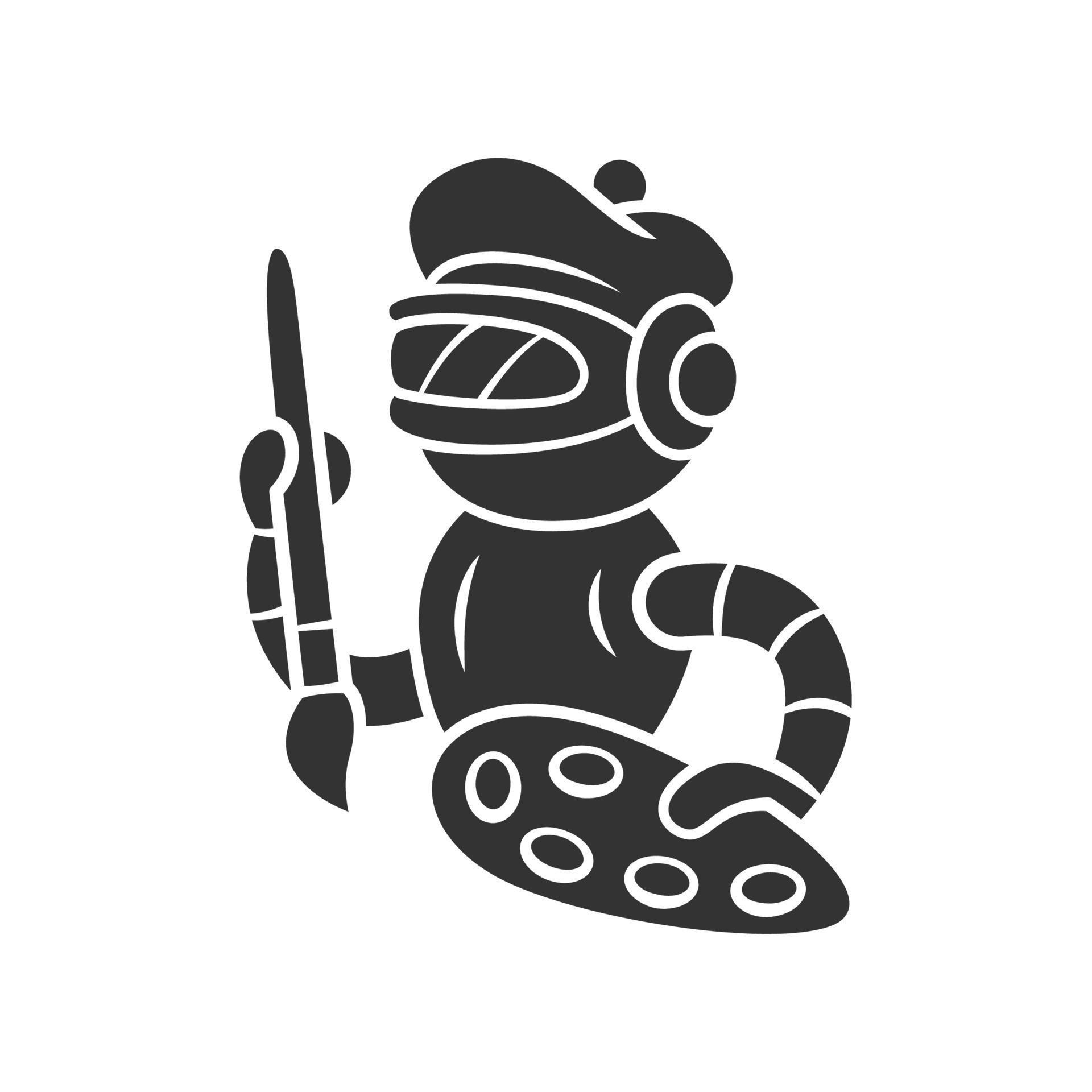 Art bot glyph icon. Robot, cyborg with brush and palette. Virtual assistance. Artificial ...