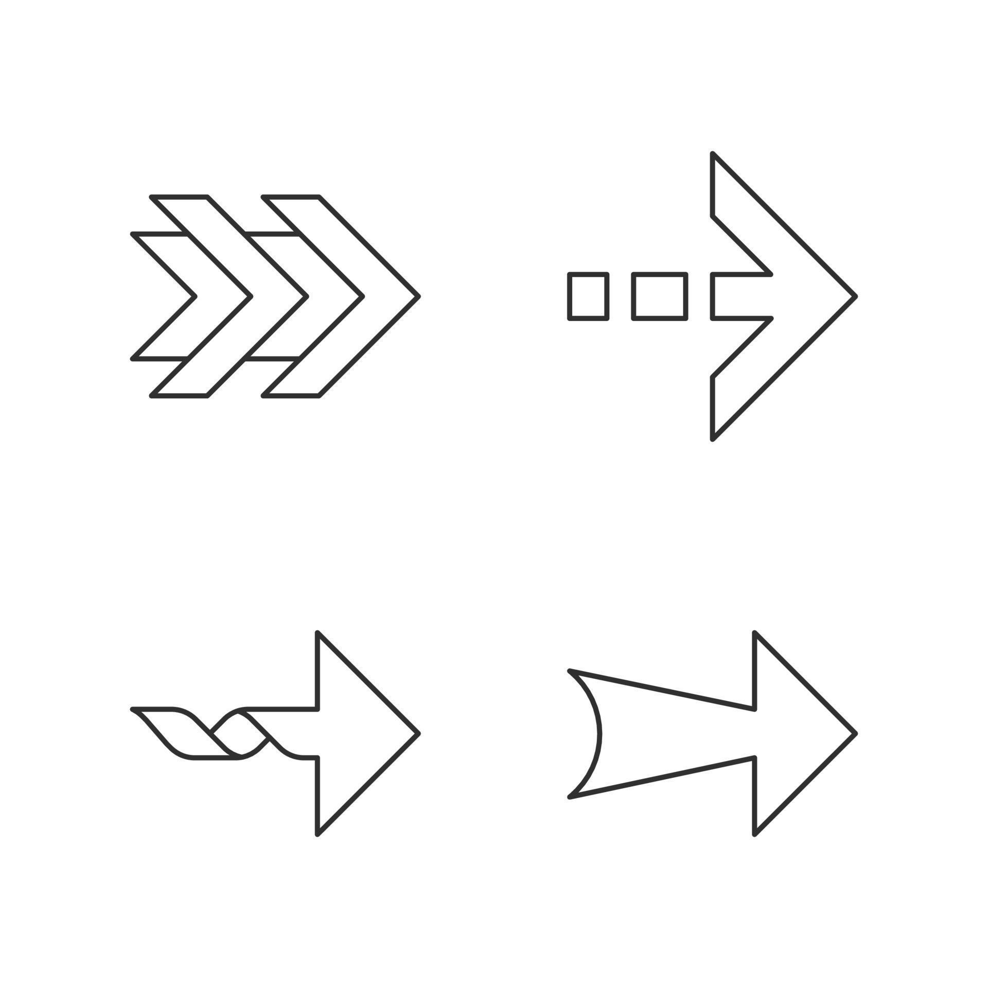 Arrows linear icons set. Double, dotted, twisted, wide next arrows. Arrowhead showing right ...