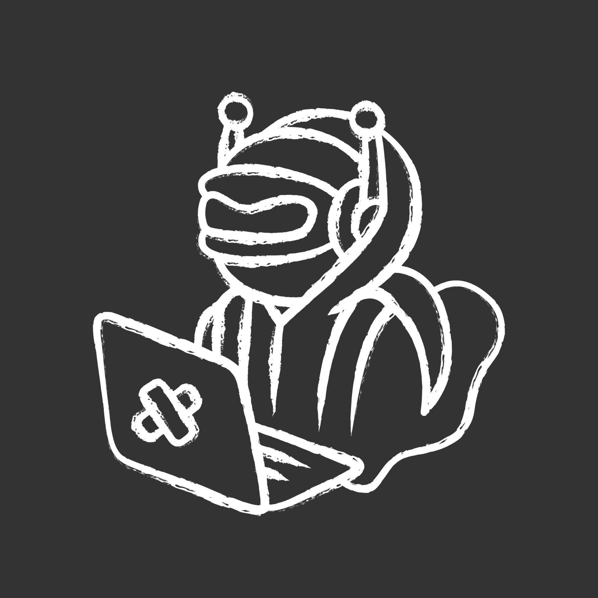 Hacker bot chalk icon. Virus robot. Cyber pirate attack, crime, cybercrime. Computer virus ...