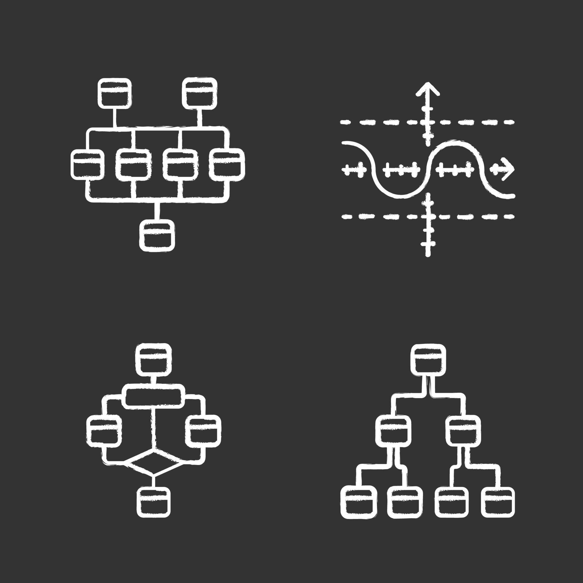 Diagrams chalk icons set. Network, tree, function graph, flowchart ...