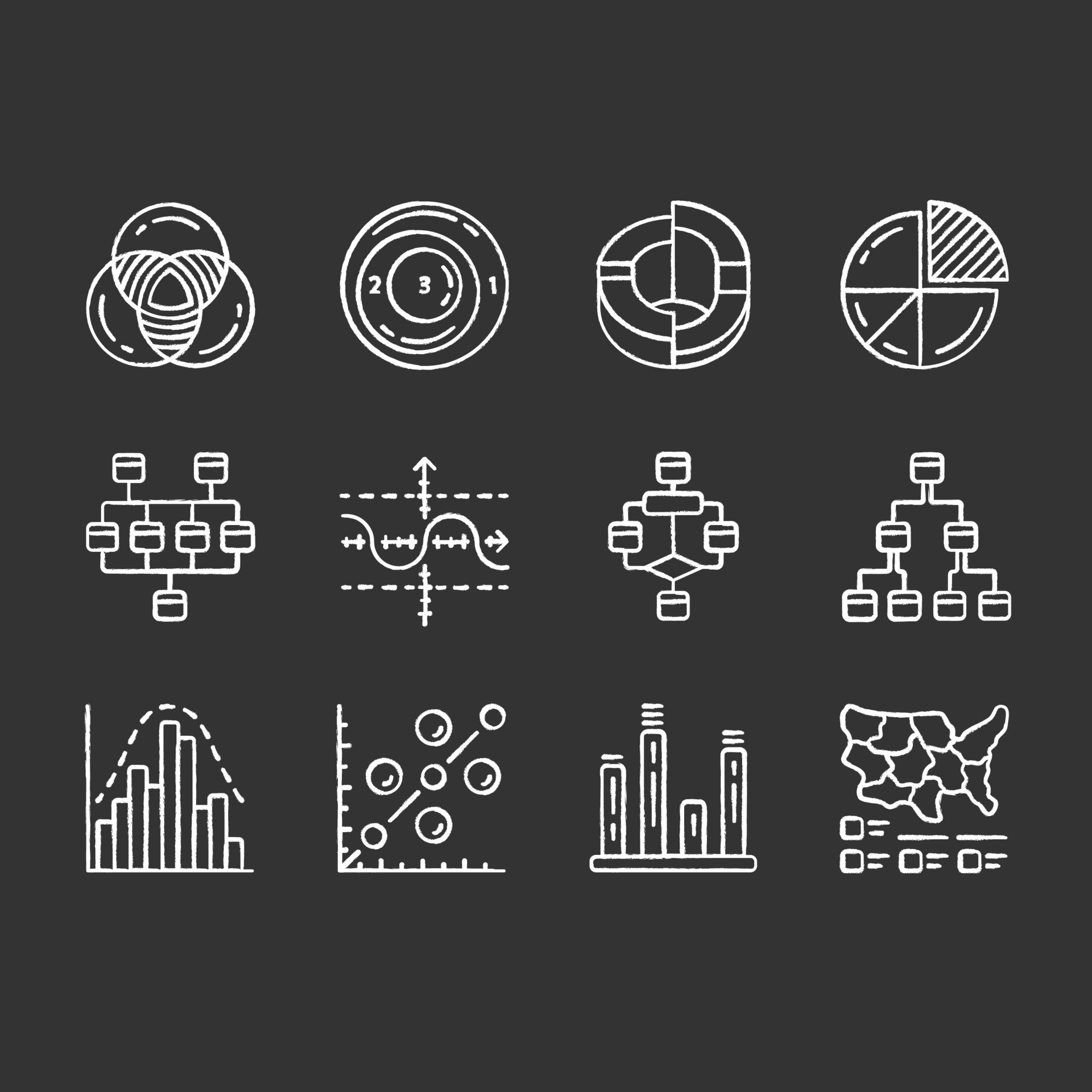 Diagrams chalk icons set. Schematic representation of info. Statistics ...