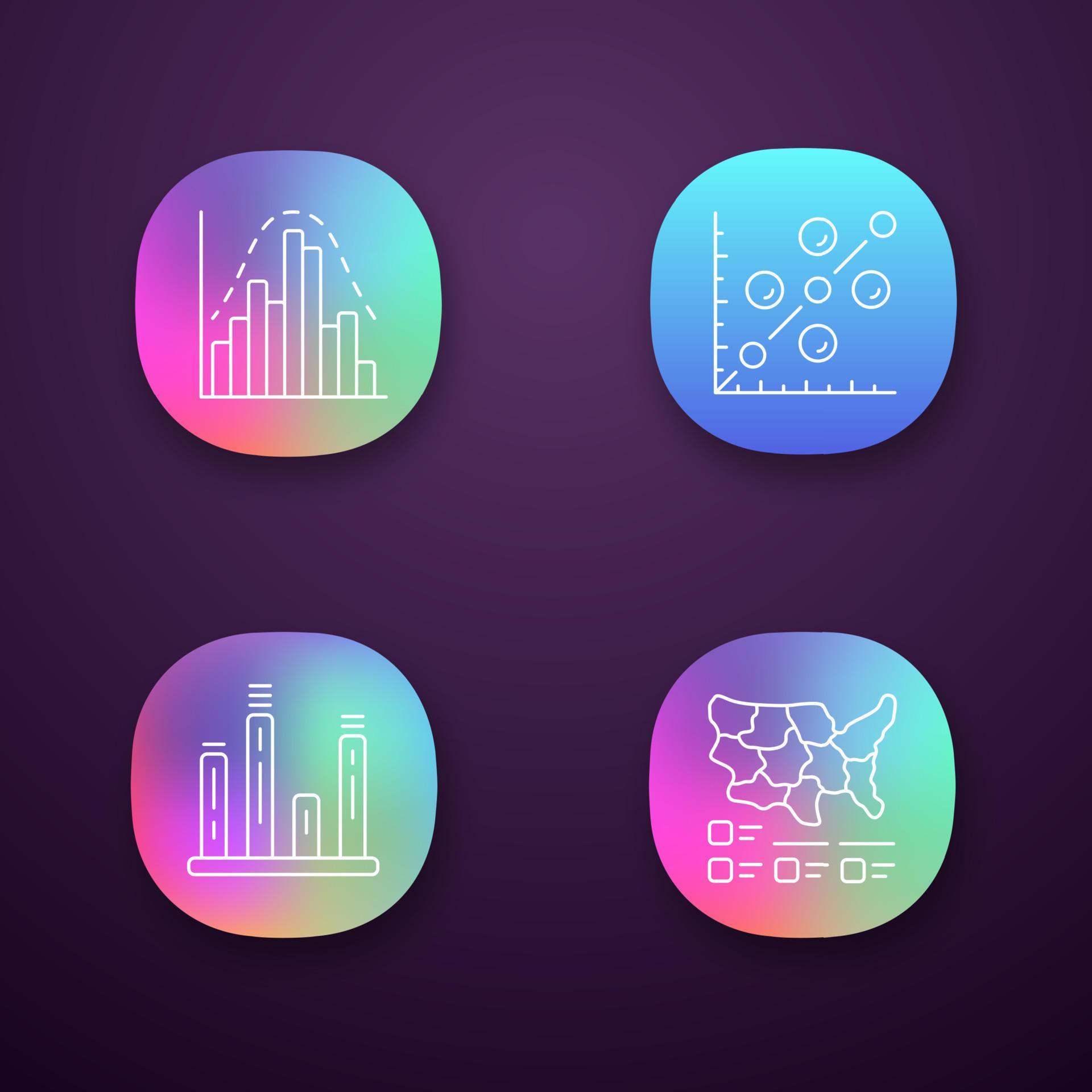 Diagrams app icons set. Histogram, bar graph, scatter plot, cartogram. Data visualization ...