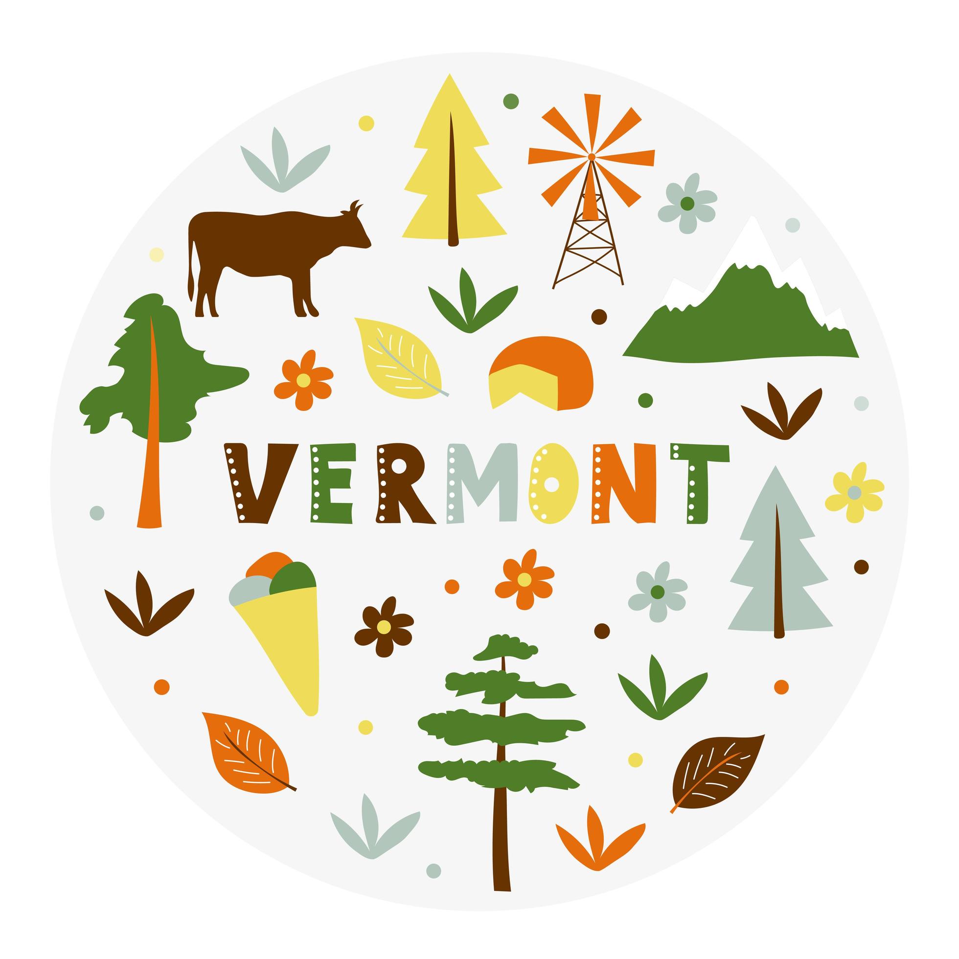 USA collection. Vector illustration of Vermont theme. State Symbols ...