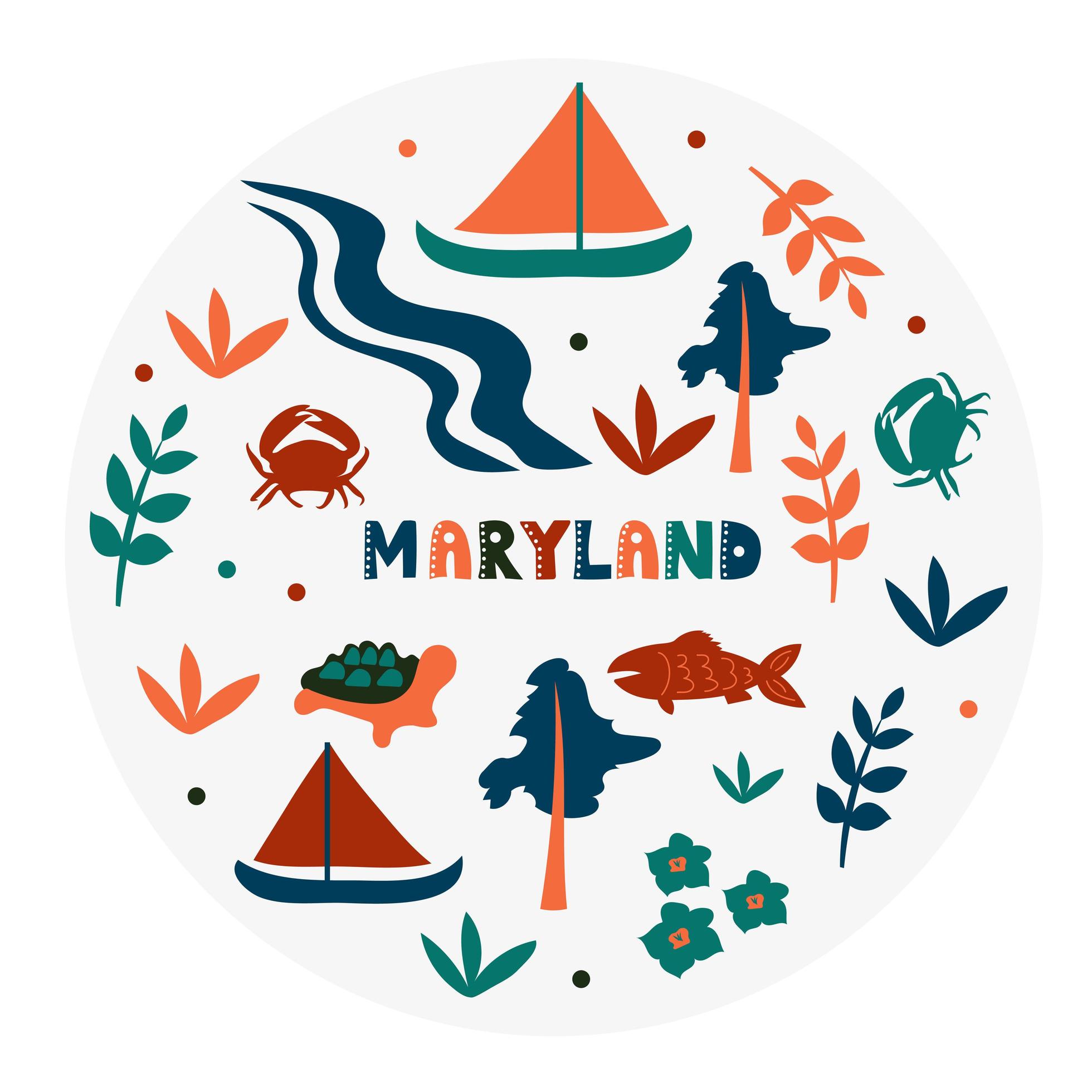 USA collection. Vector illustration of Maryland theme. State Symbols ...