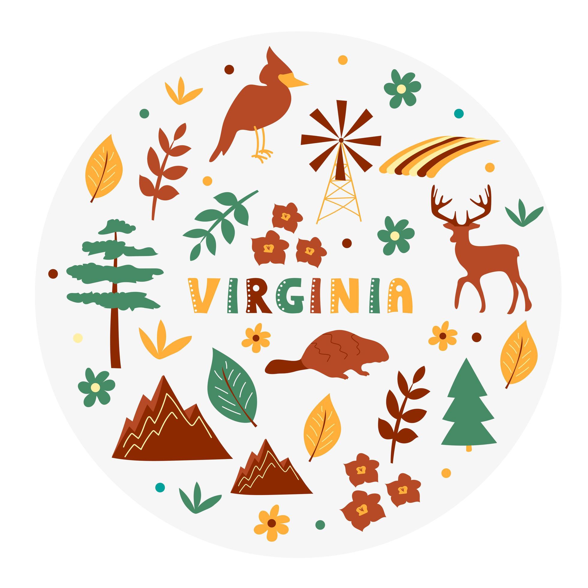 USA collection. Vector illustration of Virginia theme. State Symbols ...