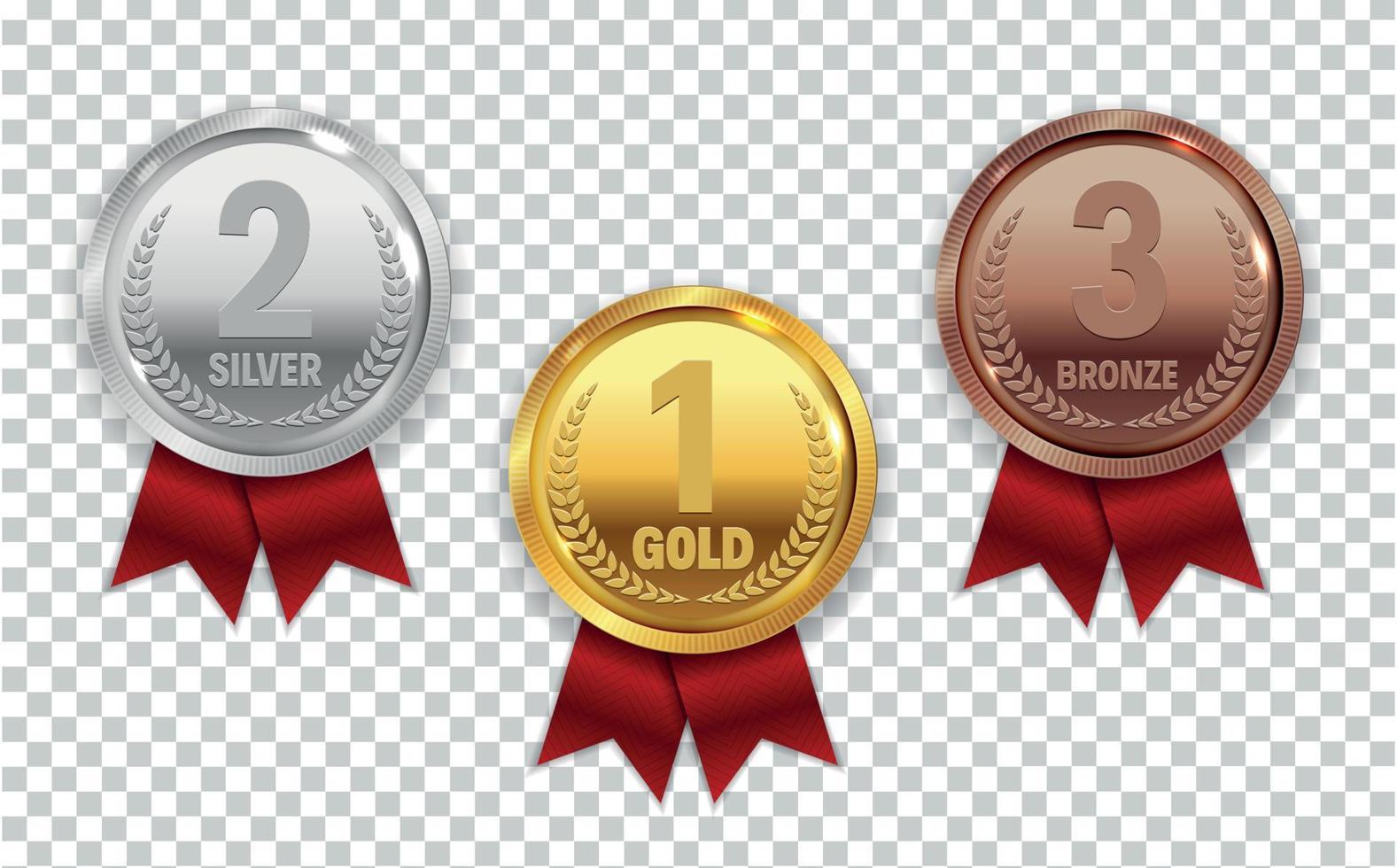 Champion Gold Silver And Bronze Medal With Red Ribbon Icon Sign First