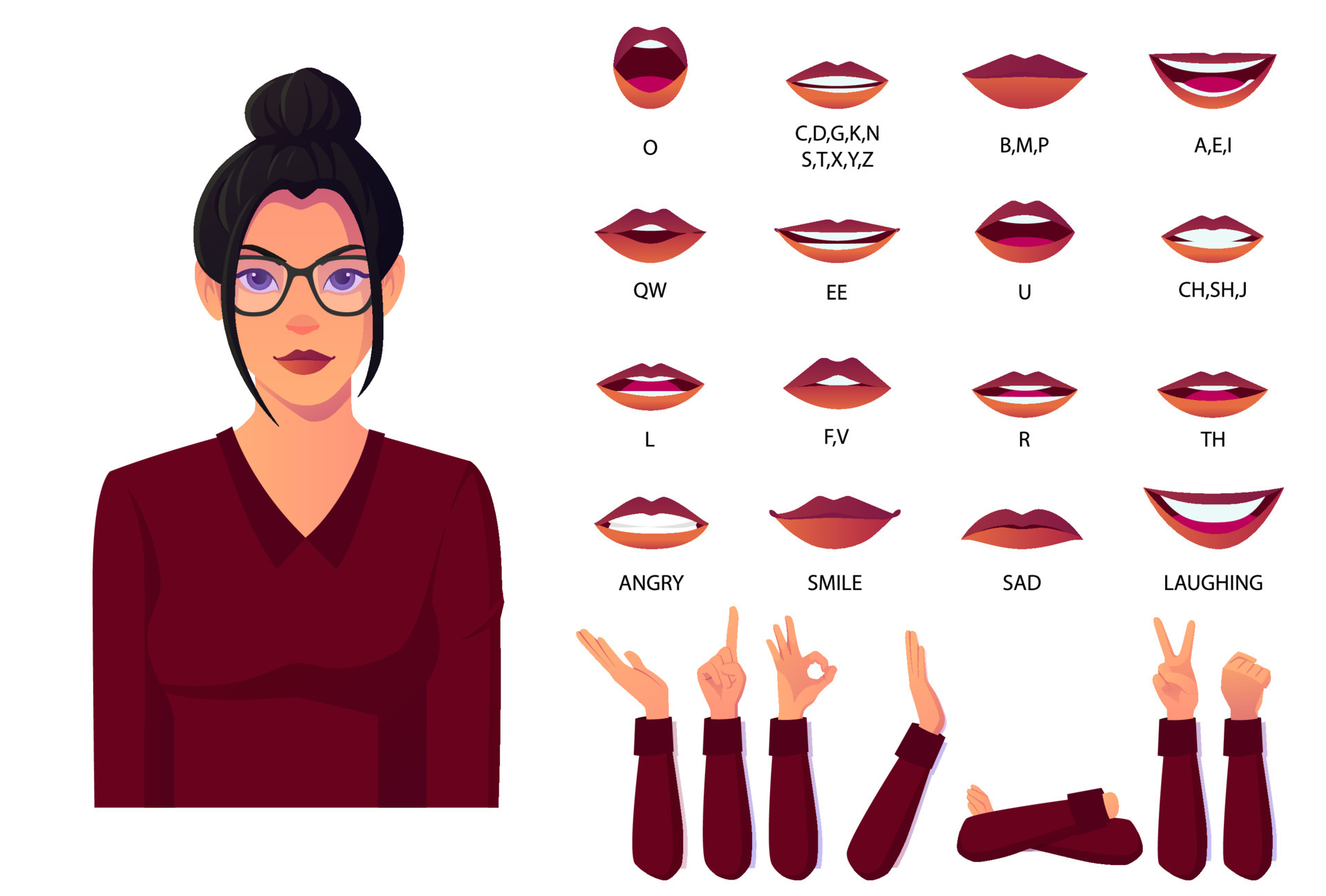 Mouth Animation Set With Female Cartoon Character For Lip Sync And Speech Pronunciation With