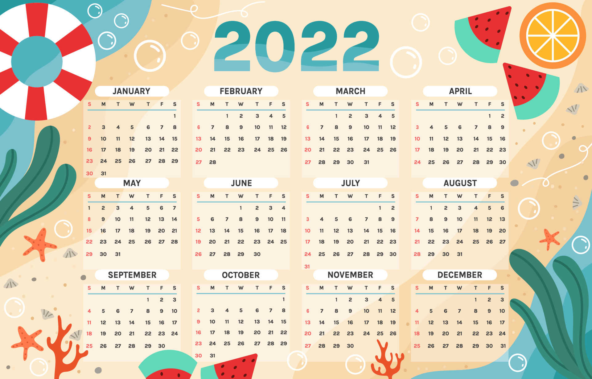 Beach Theme Calendar 2022 4569239 Vector Art at Vecteezy