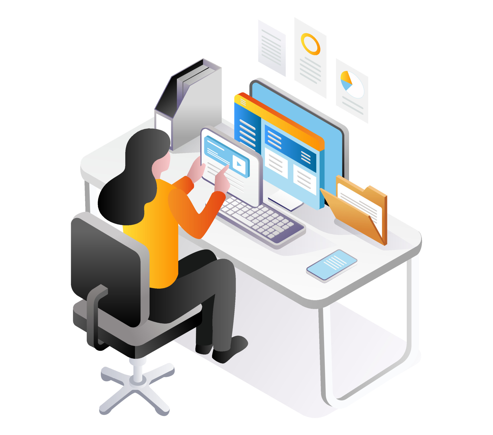 Woman organizing data with ipad and computer 4578982 Vector Art at Vecteezy