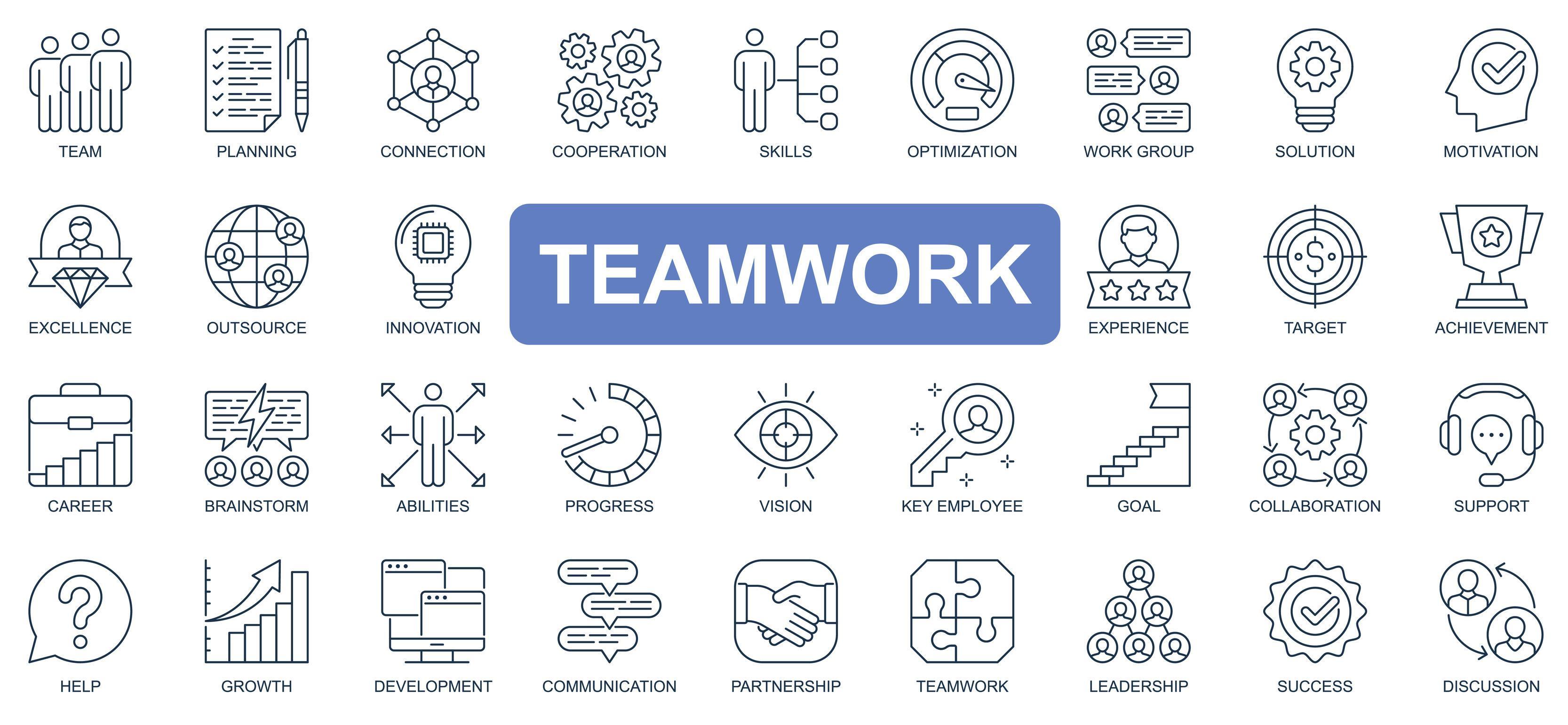 Teamwork concept simple line icons set. Bundle of team, planning ...