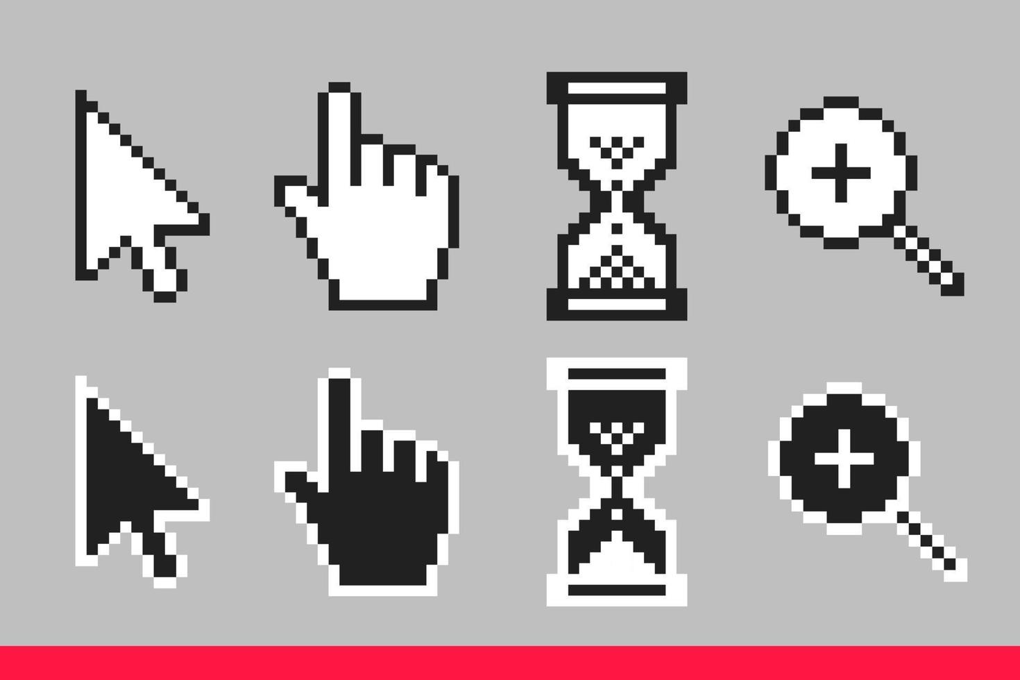 Black And White Arrow Hand Magnifierand Hourglass Pixel Mouse Cursor Icons Vector Illustration