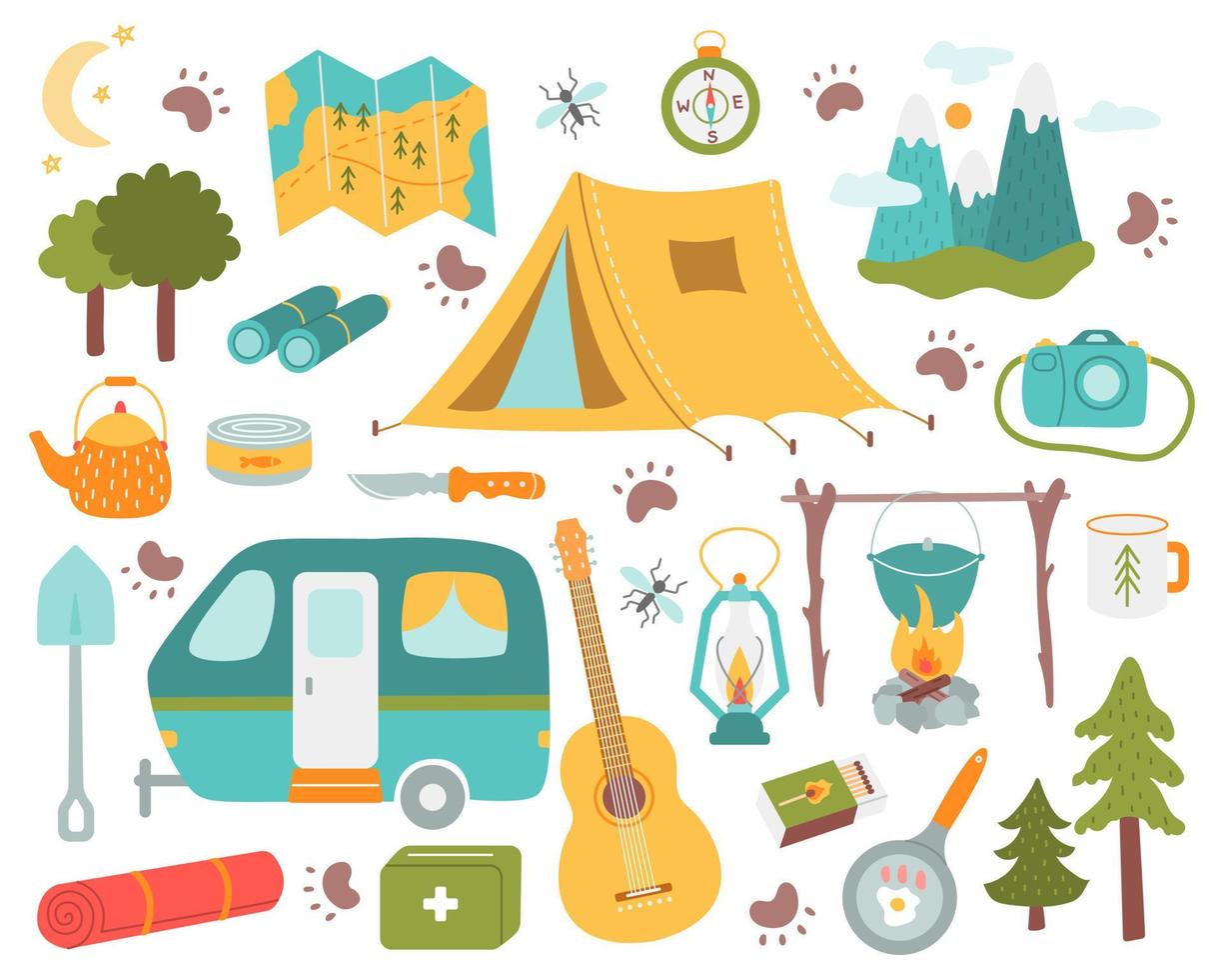 Hiking bundle set. Tent, trailer, campfire, compass. Vector ...