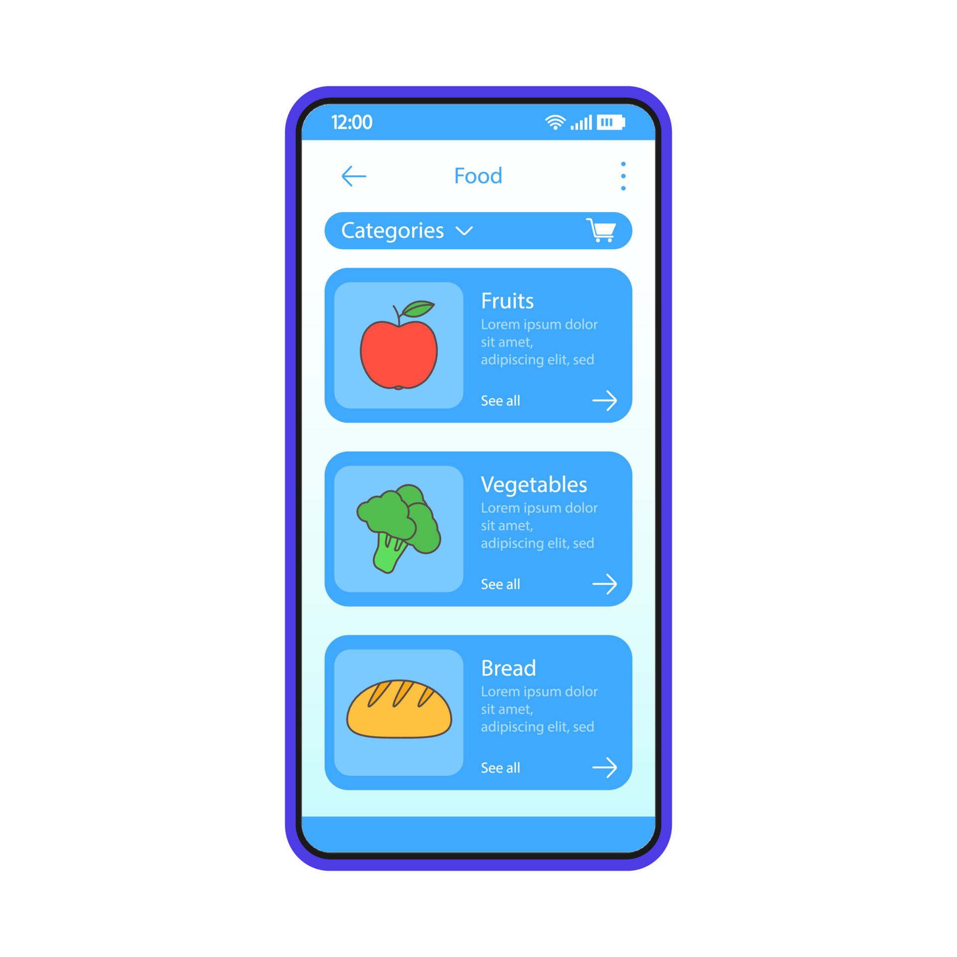Grocery store app interface vector template. Mobile app interface blue ... Grocery store app interface vector template. Mobile app interface blue ...