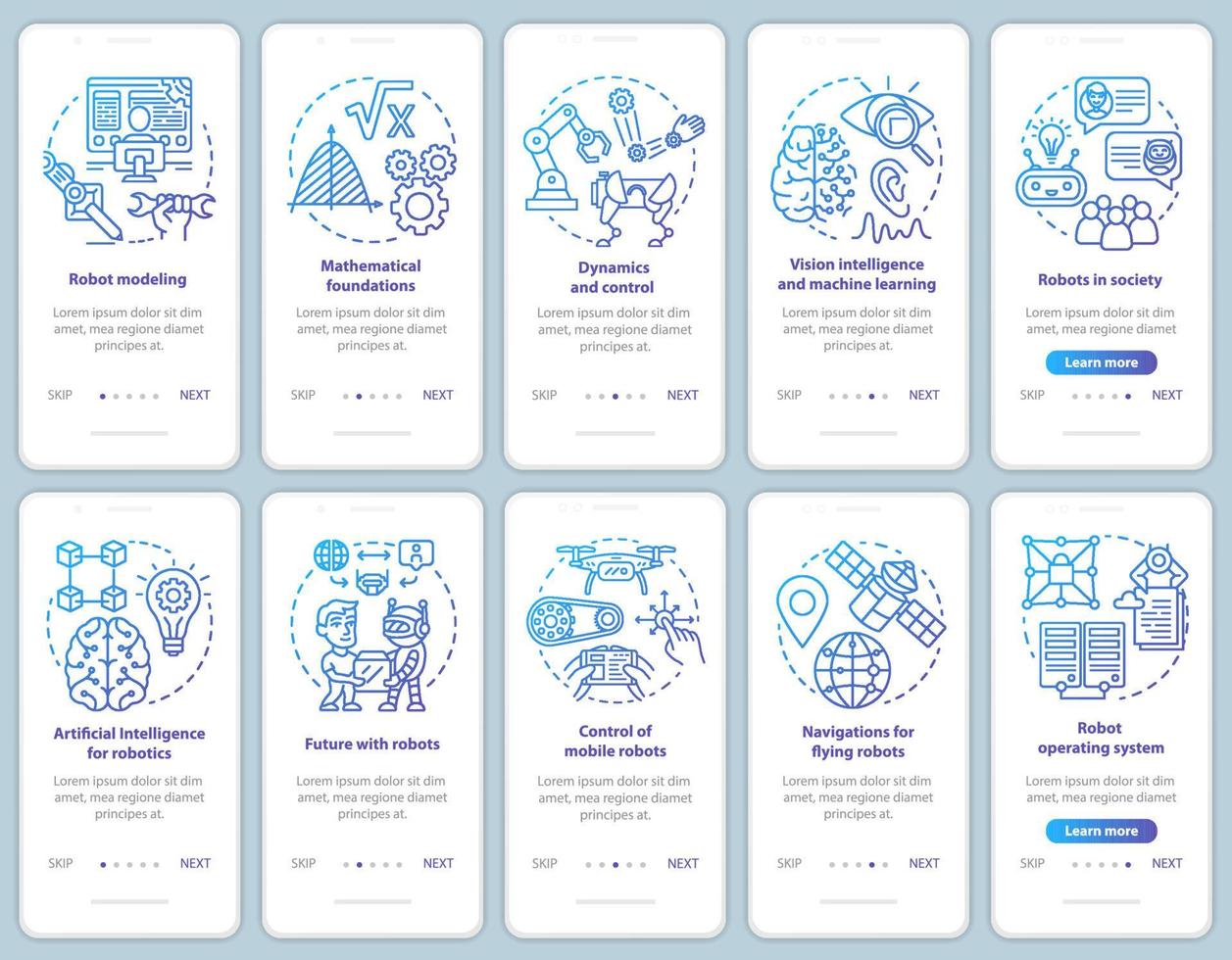 Robotics Courses Onboarding Mobile App Page Screen Vector Template Set Modeling Development Of
