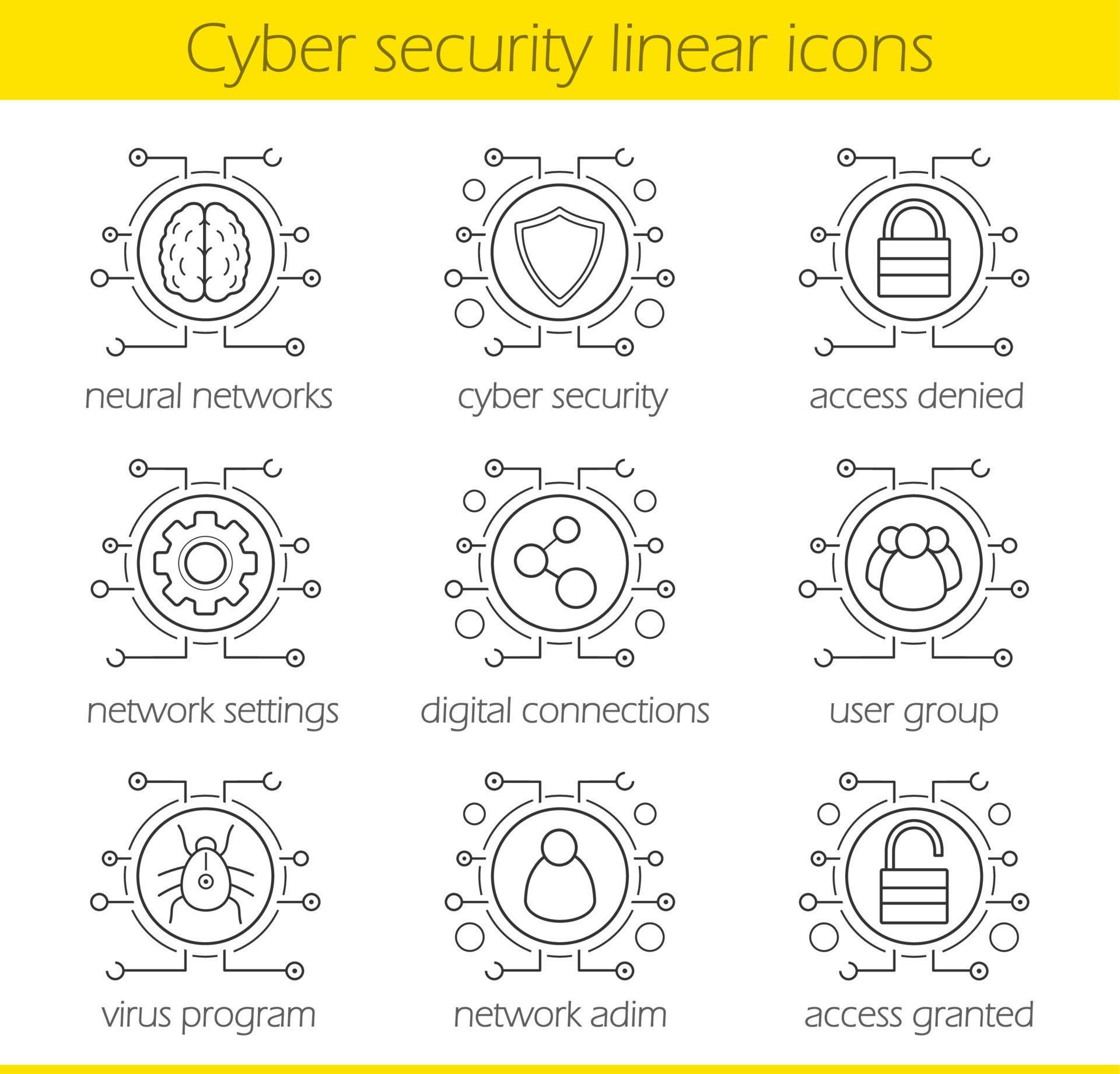 Cyber Security Linear Icons Set Digital Technology And Cloud Computing Concepts Neural