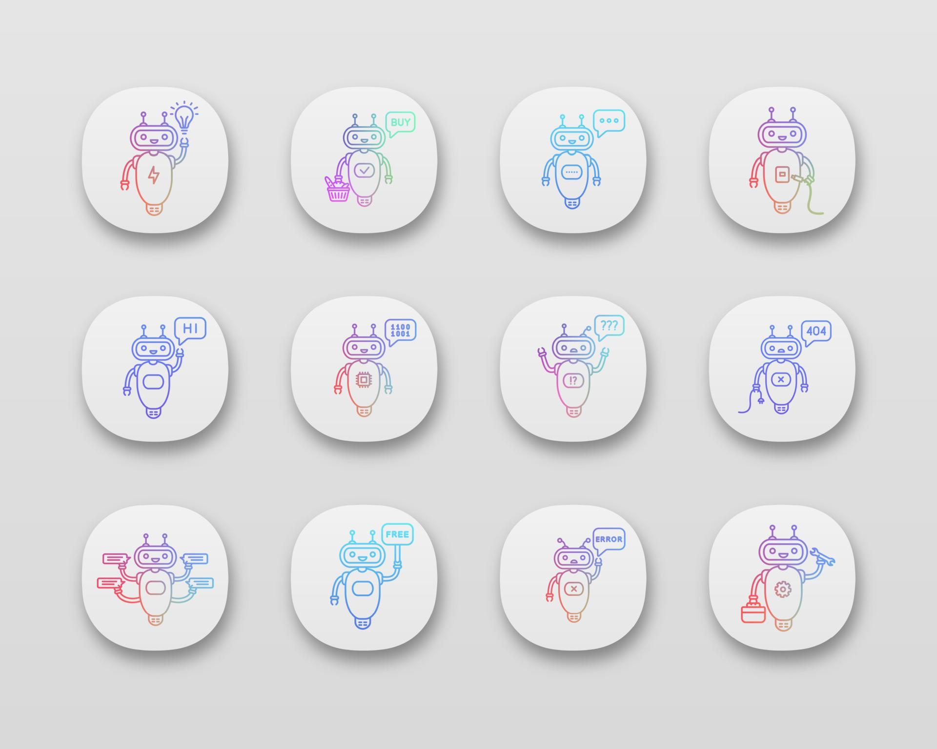 Chatbots App Icons Set Ui Ux User Interface Virtual Assistants Talkbots Chat Error Buy