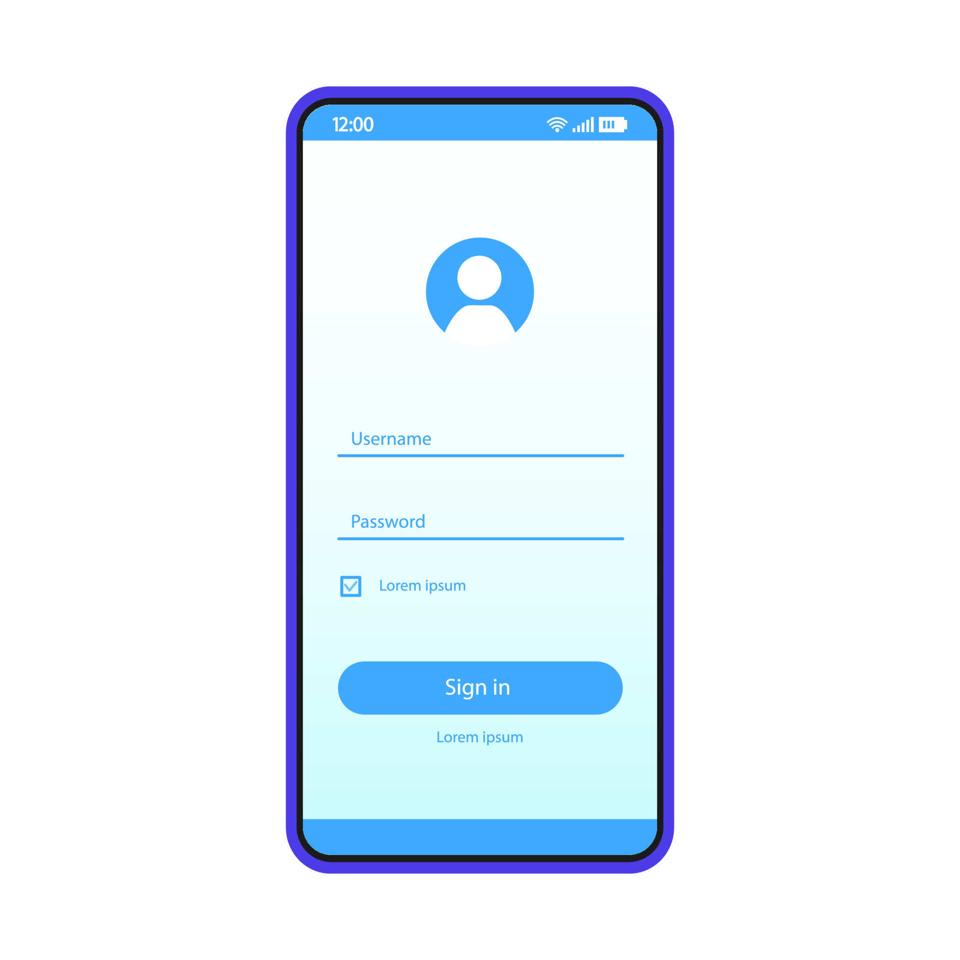 Sign in smartphone page vector template. Mobile app interface blue ... Sign in smartphone page vector template. Mobile app interface blue ...