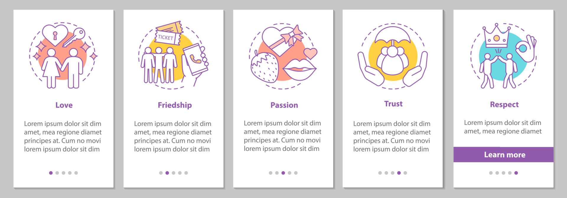 Relationships And Feelings Onboarding Mobile App Page Screen With Linear Concepts Love Respect