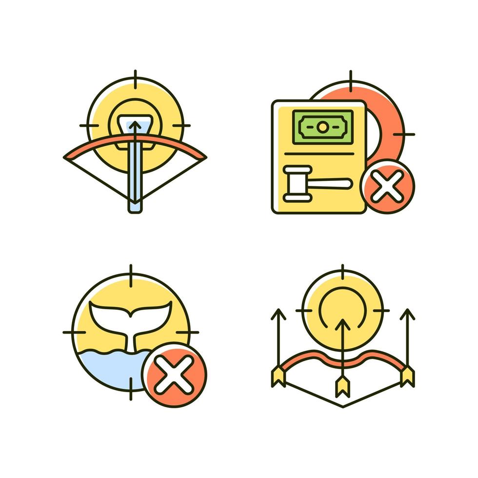 Hunting provisions and restrictions RGB color icons set. Archery. Bow ...