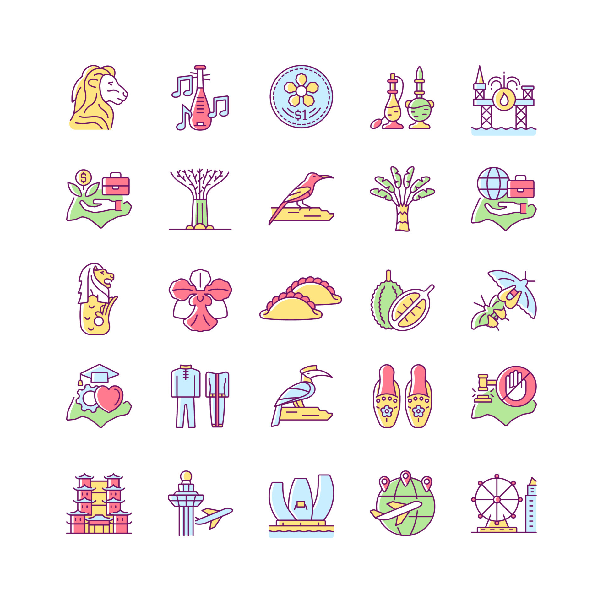 Singapore national symbols RGB color icons set. Tourist attractions ... Singapore national symbols RGB color icons set. Tourist attractions ...
