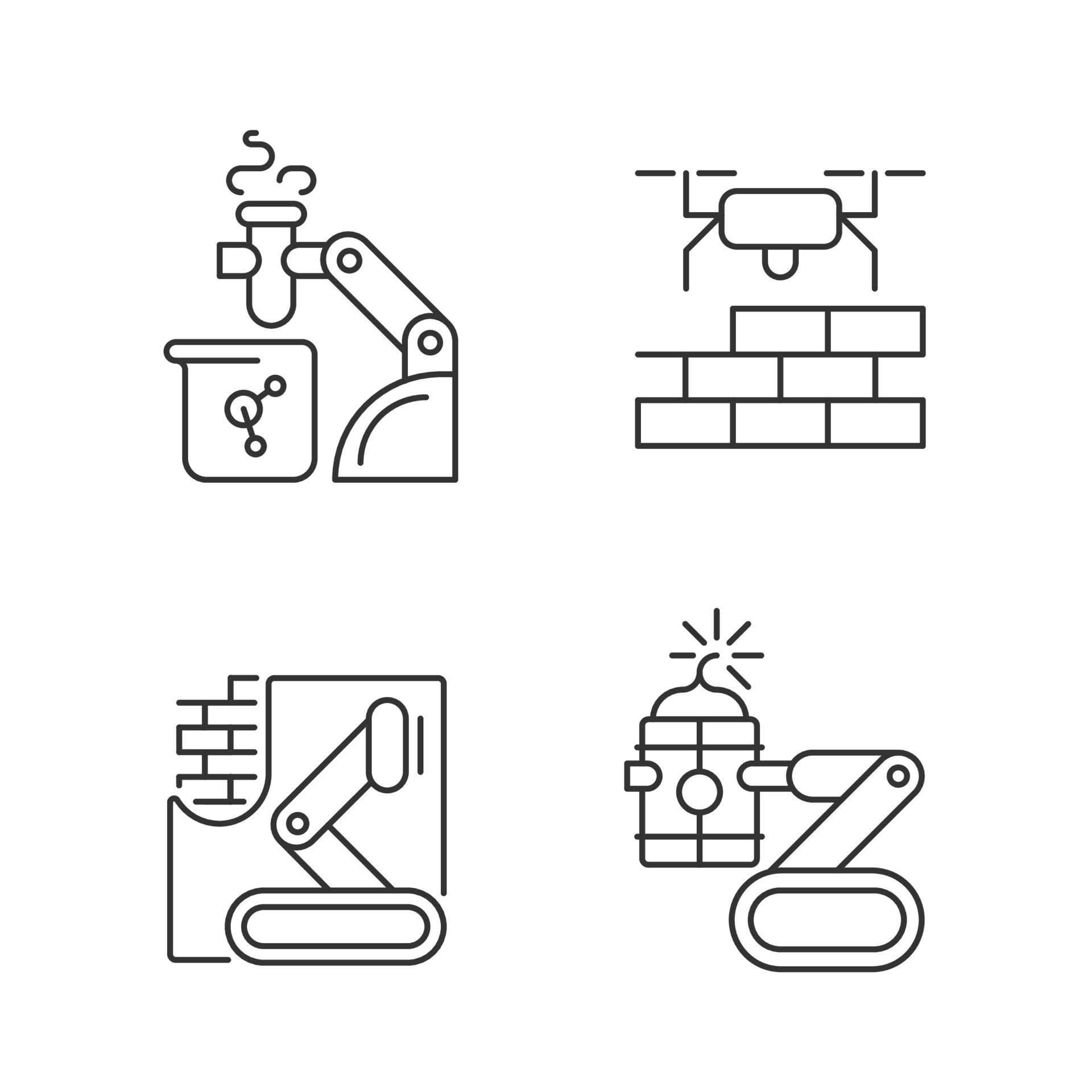 Automation in different industries linear icons set. Robotic lab ...