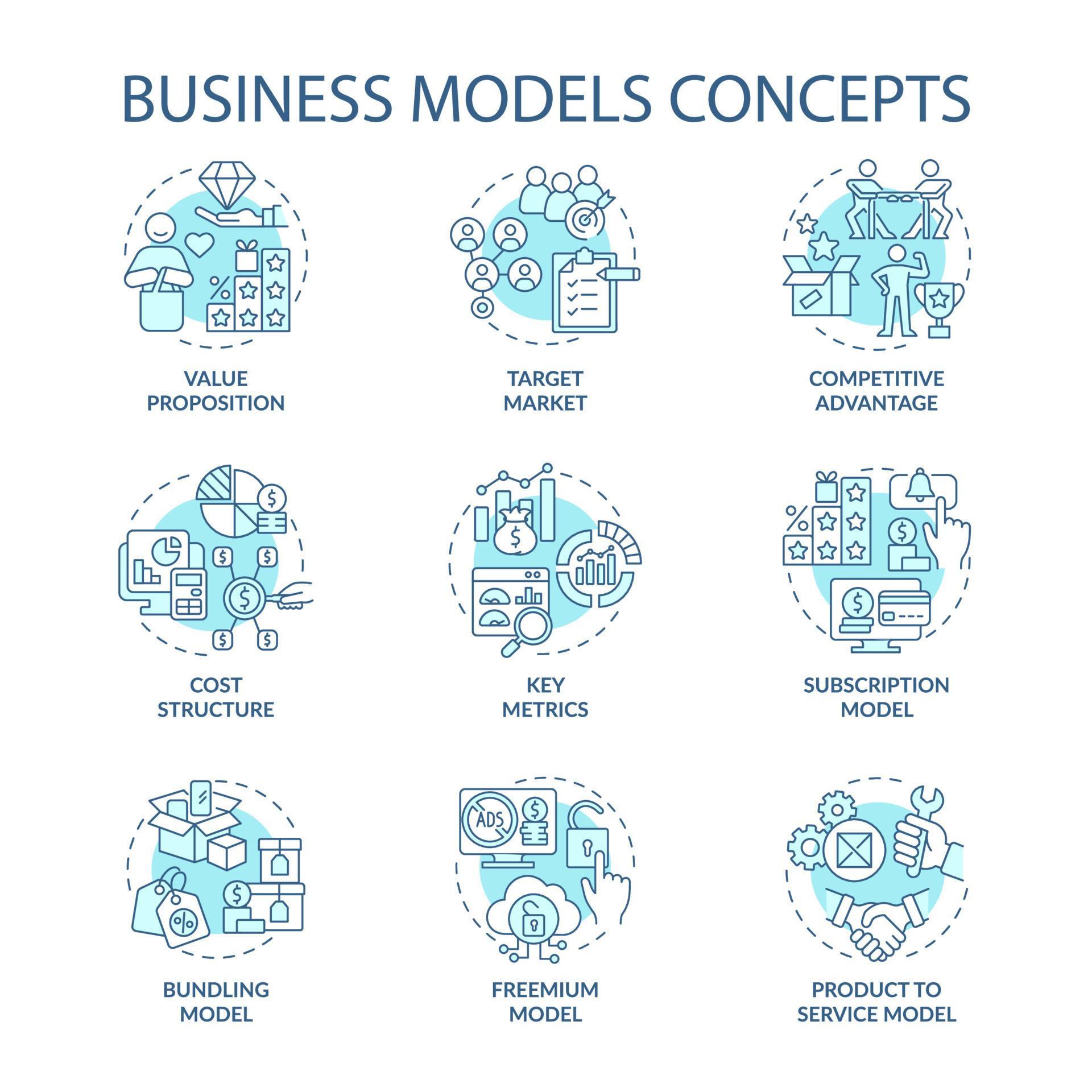 Business models blue concept icons set. Value proposition. Target ...