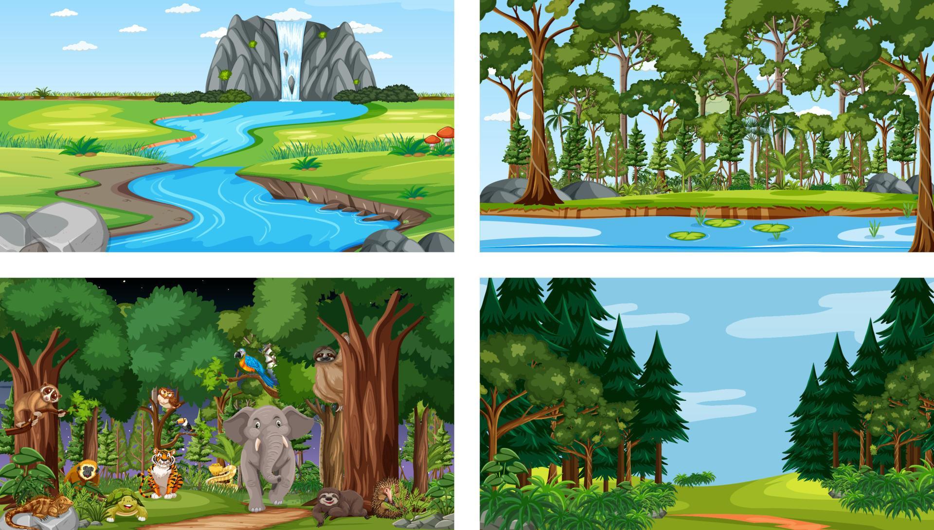 Set of different forest horizontal scene with various wild animals ...