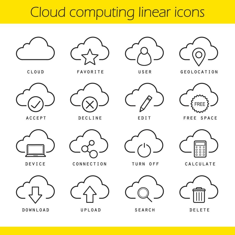 Cloud computing linear icons set. Geo location, favorite, free space ...