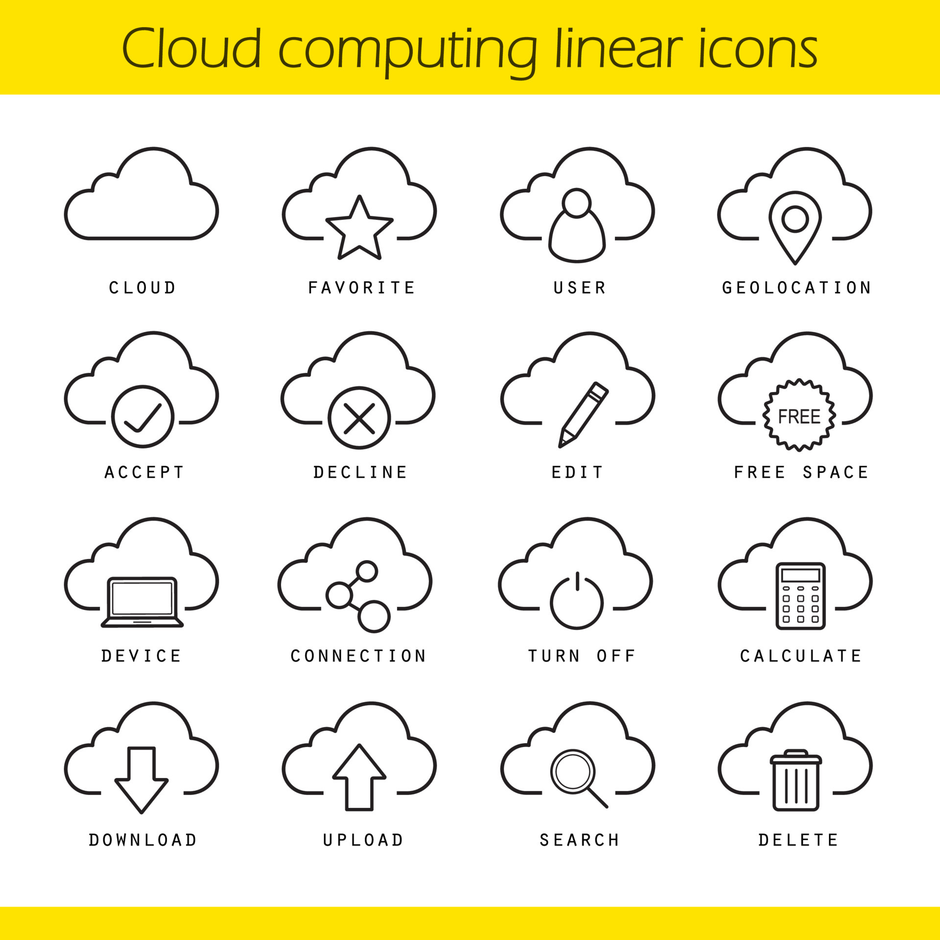 Cloud computing linear icons set. Geo location, favorite, free space ...