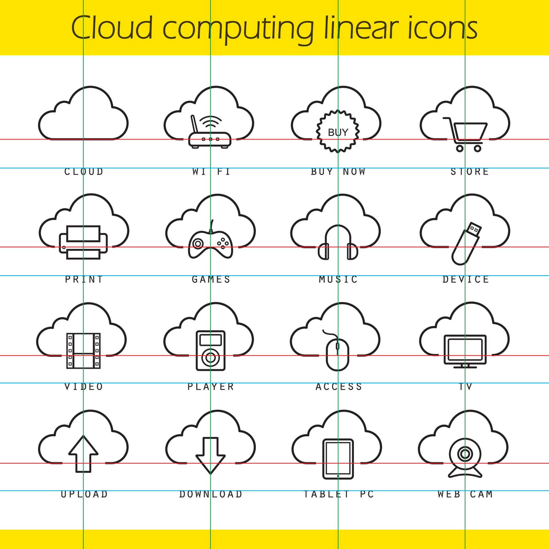 Cloud computing linear icons set. Buy now, download, upload and print icons. Music, video and tv ...