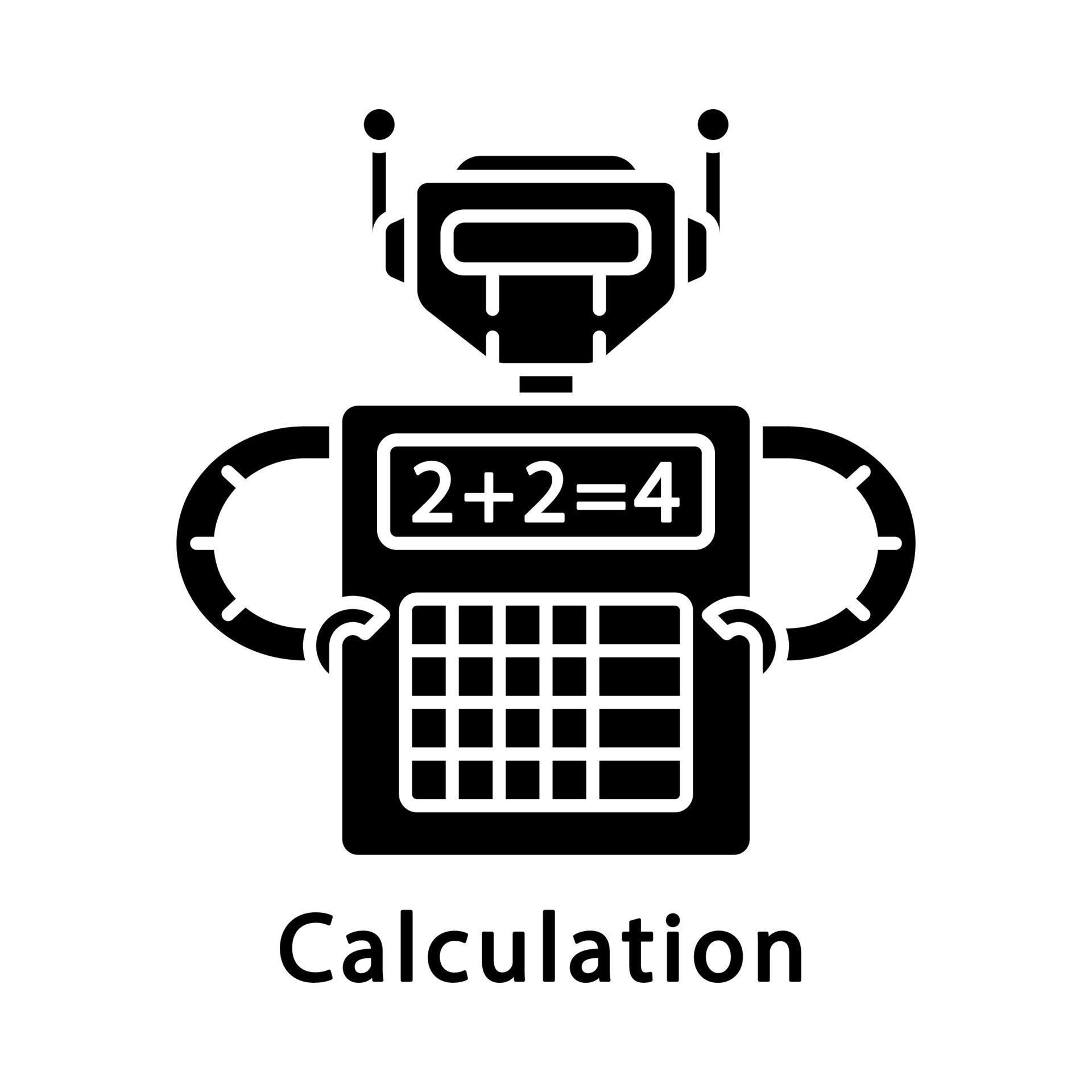Calculation glyph icon. Complex math calculations. Robot holding calculator. Robotic process ...