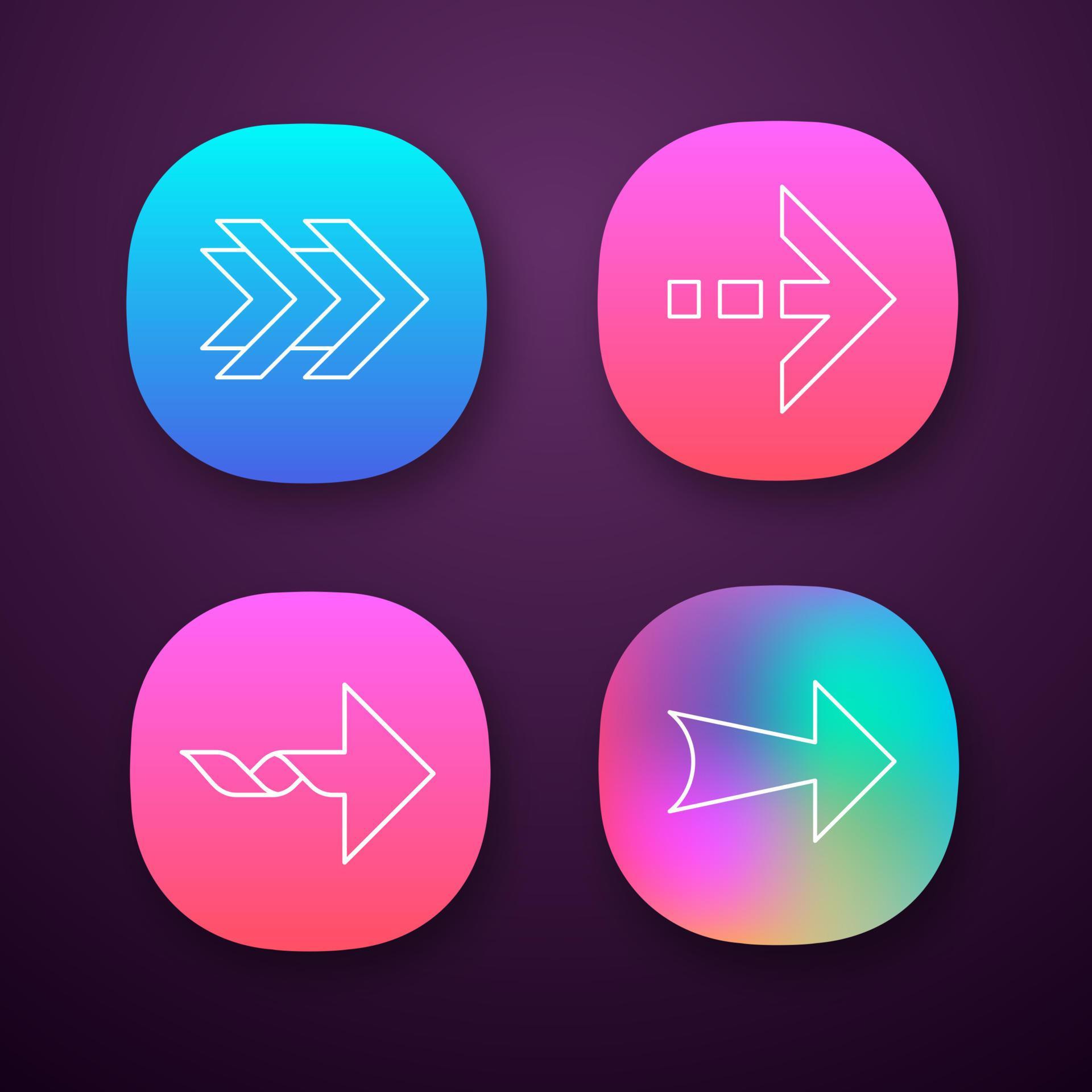 Arrows app icons set. Double, dotted, twisted, wide next arrows ...