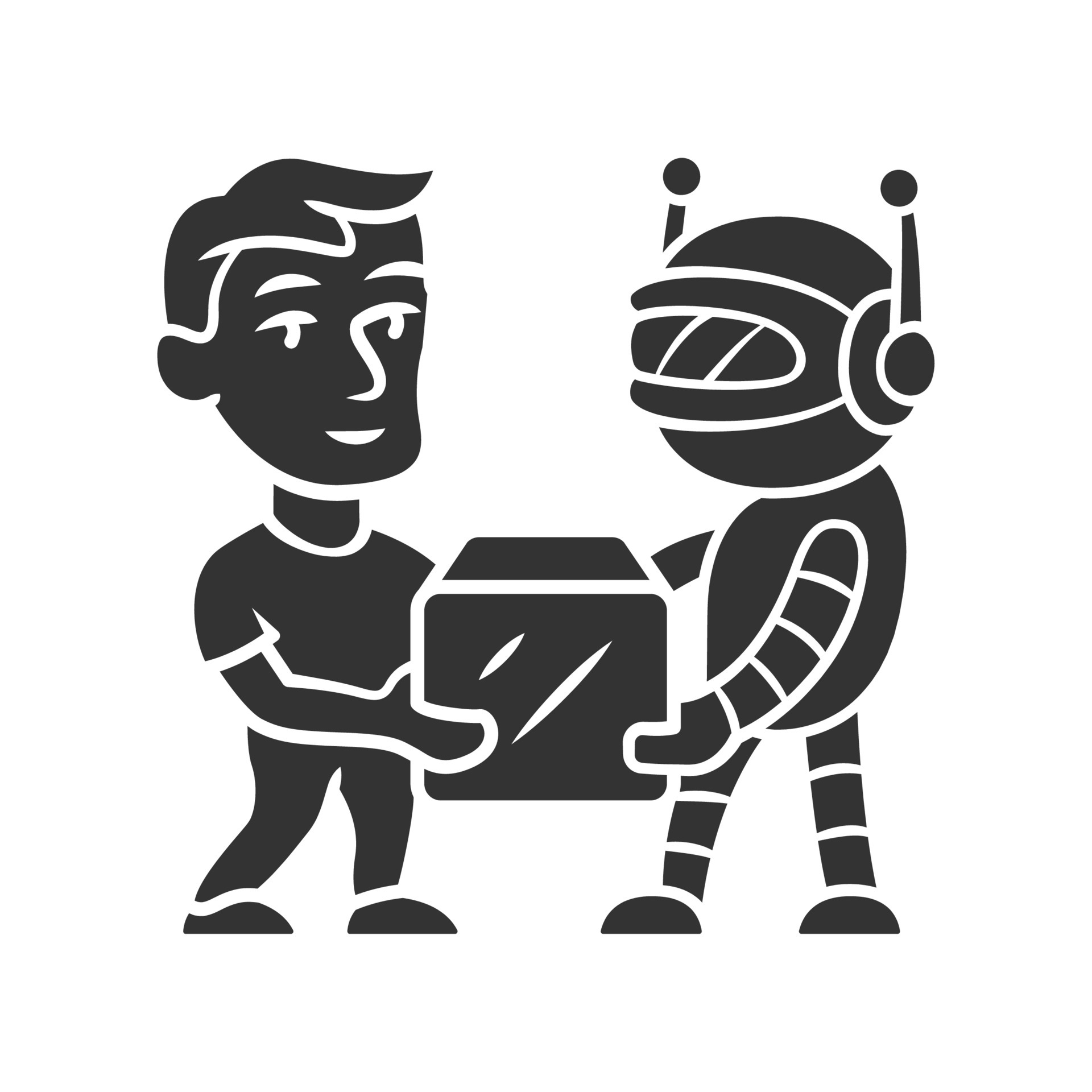 Transactional Bot Glyph Icon Artificial Intelligence Virtual Assistance Man And Robot Holding