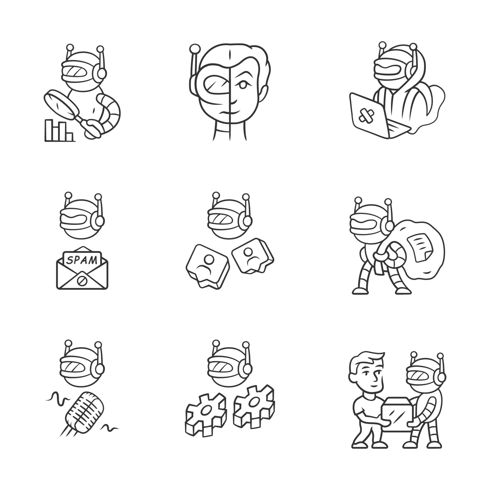 Internet bots linear icons set. Hacker, voice, spam, impersonator, scraper robots. Artificial ...