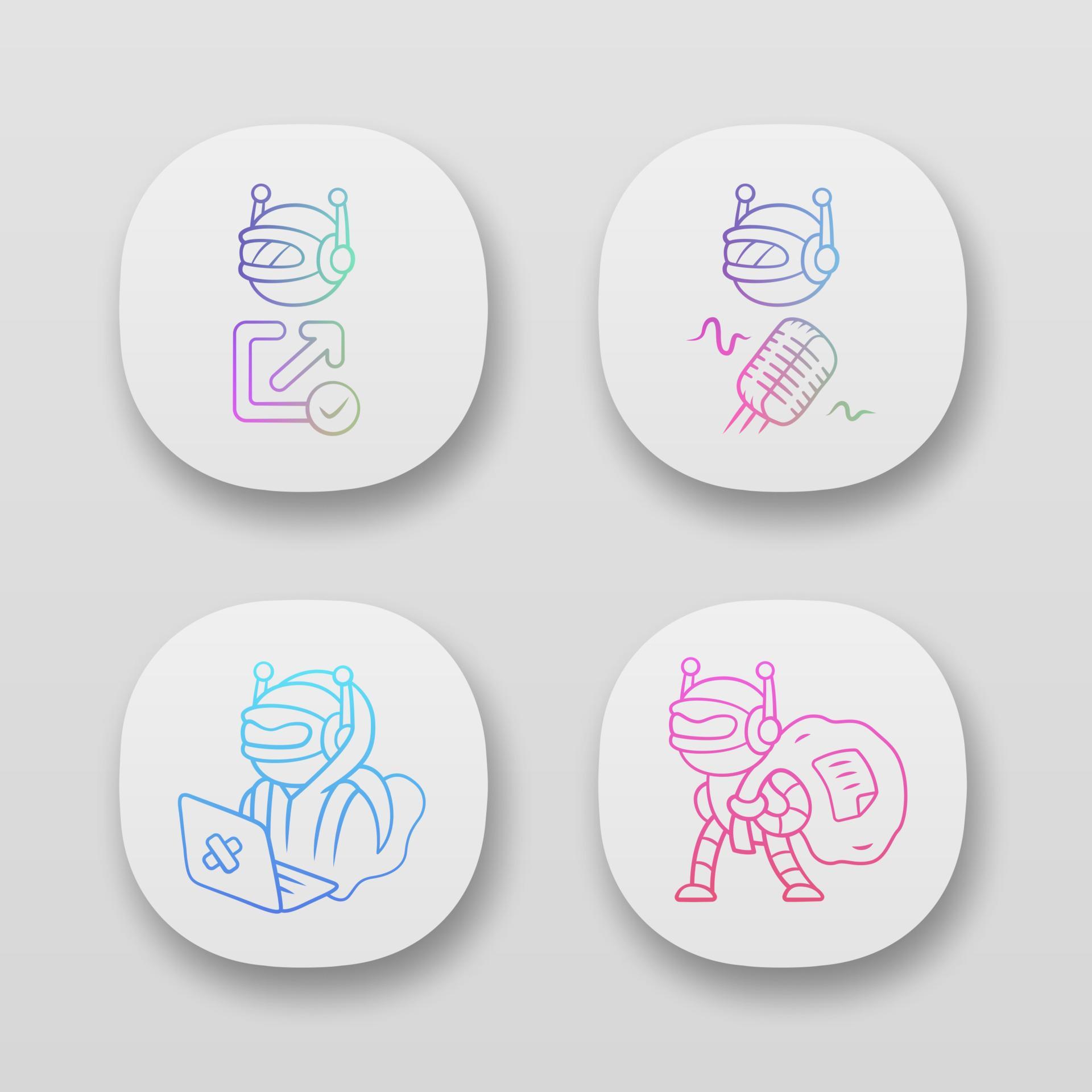 Bot types app icons set. Hacker, backlink checker, scraper bots ... Bot types app icons set. Hacker, backlink checker, scraper bots ...