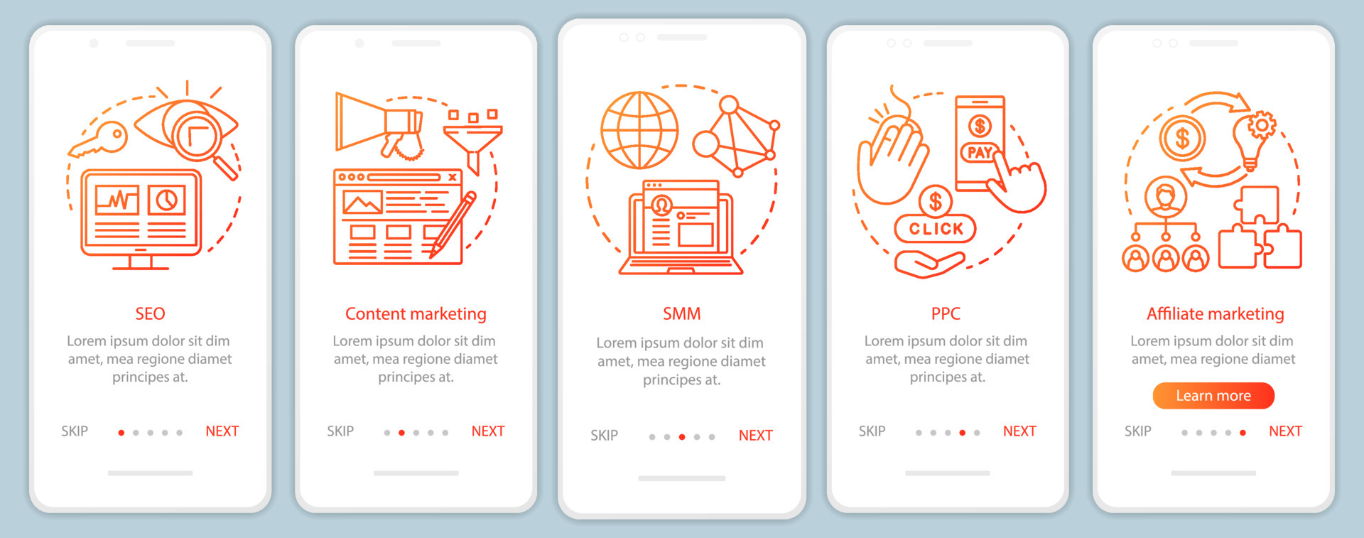 Digital Marketing Tactics Orange Onboarding Mobile App Page Screen Vector Template Affiliate