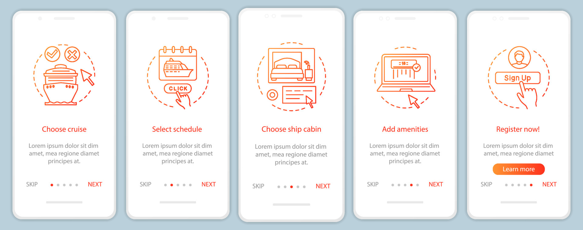 Online Cruise Booking Onboarding Mobile App Page Screen With Linear Concepts Choose Schedule
