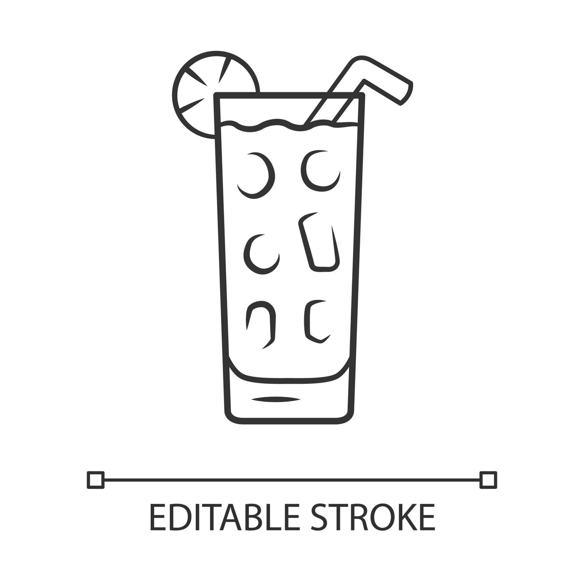 Cocktail in highball glass linear icon. Summer icy refreshing soft drink with lemon and straw ...