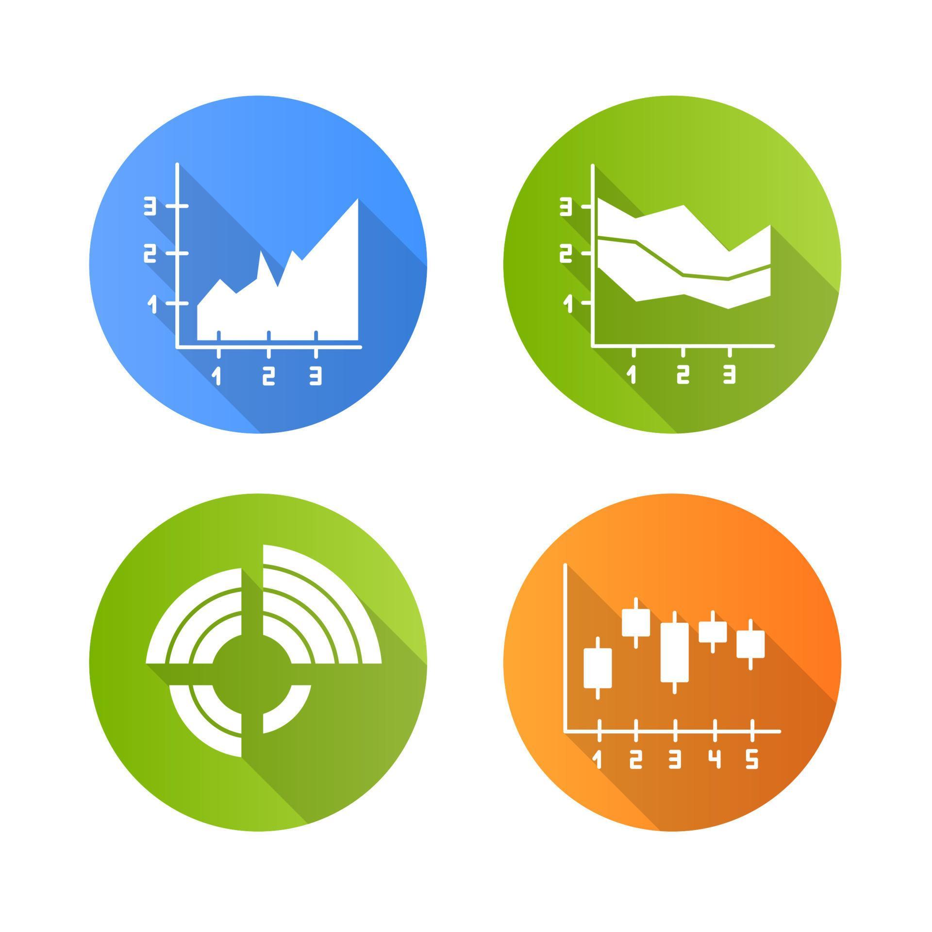 Chart and graph flat design long shadow glyph icons set. Radial diagram ...