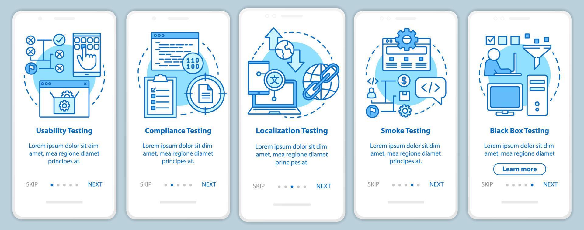 Non Functional Software Testing Blue Onboarding Mobile App Page Screen Vector Template