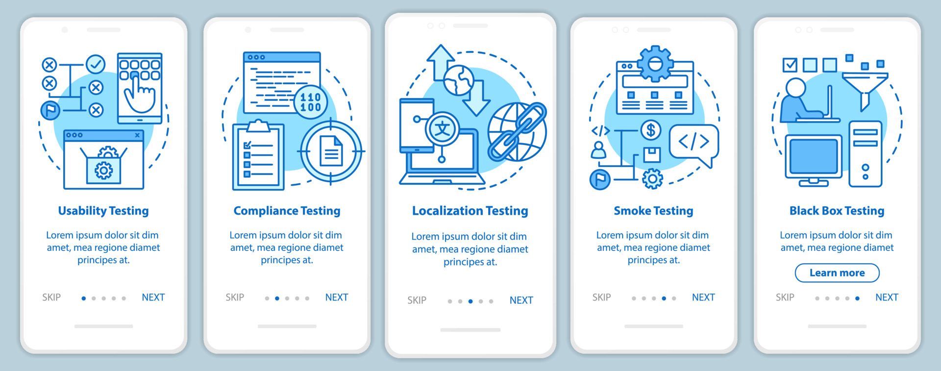 Non Functional Software Testing Blue Onboarding Mobile App Page Screen Vector Template