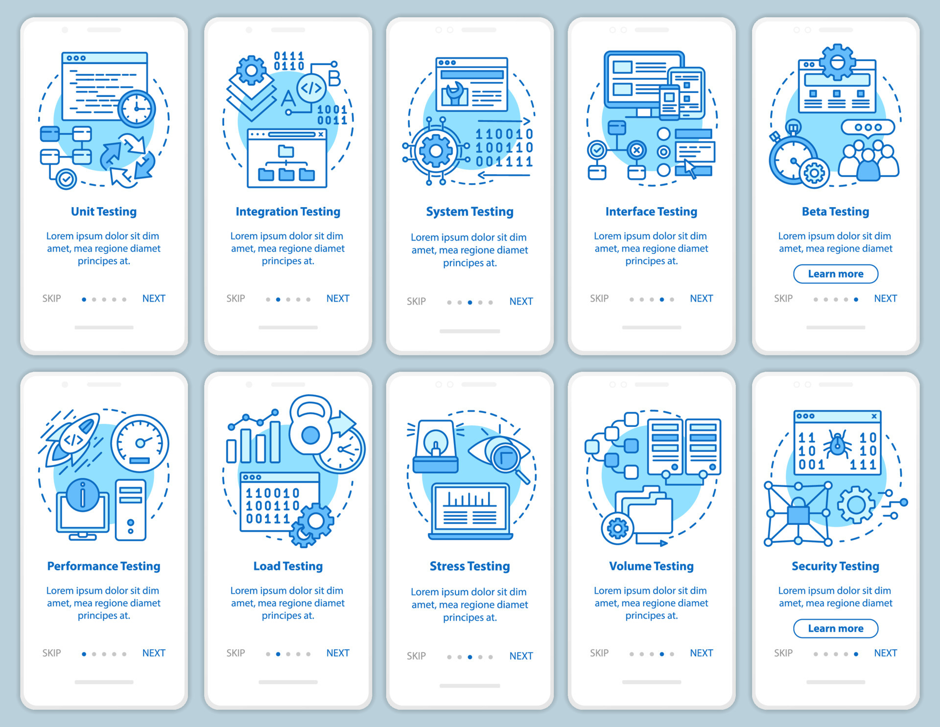 Software Testing Blue Onboarding Mobile App Page Screen Vector Template