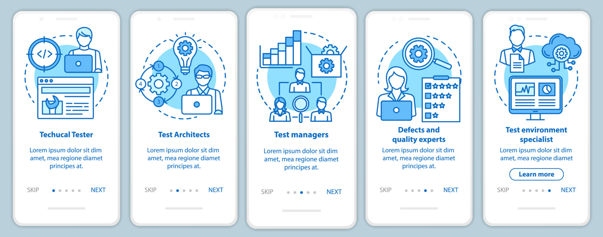 Software Testing Roles Blue Onboarding Mobile App Page Screen Vector