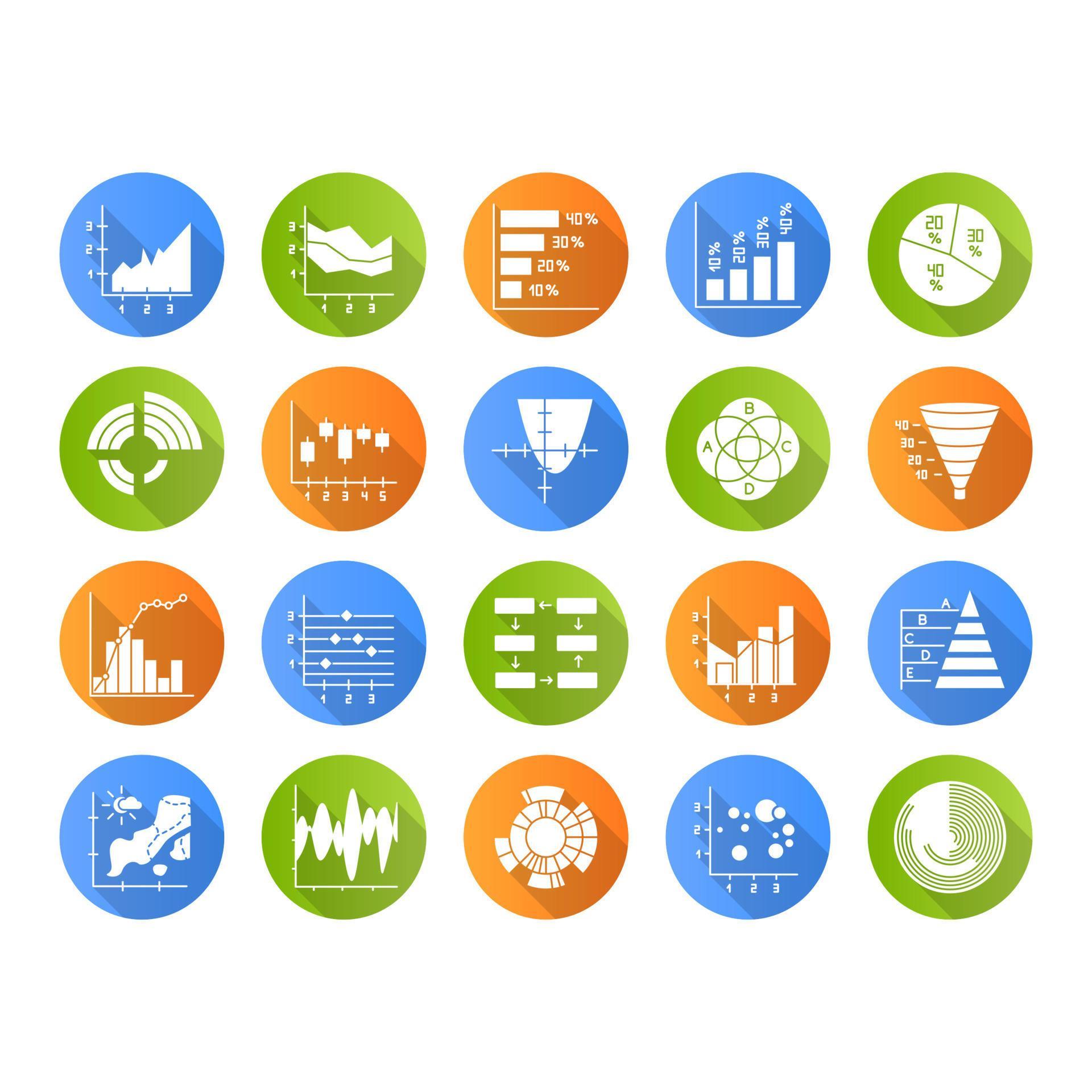 Chart and graph flat design long shadow glyph icons set. Pie diagram ...