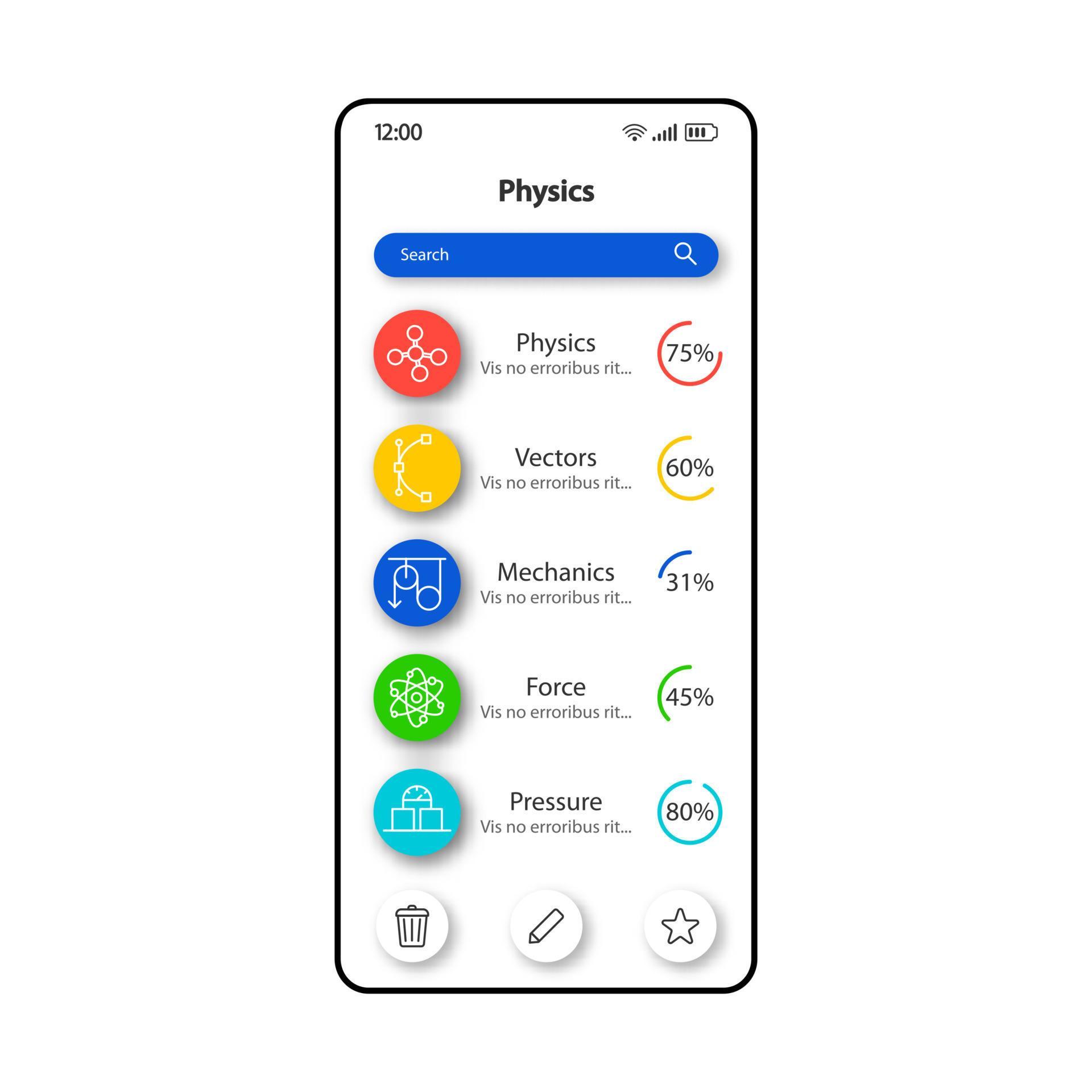 Studying physics smartphone interface vector template. Mobile app page ...