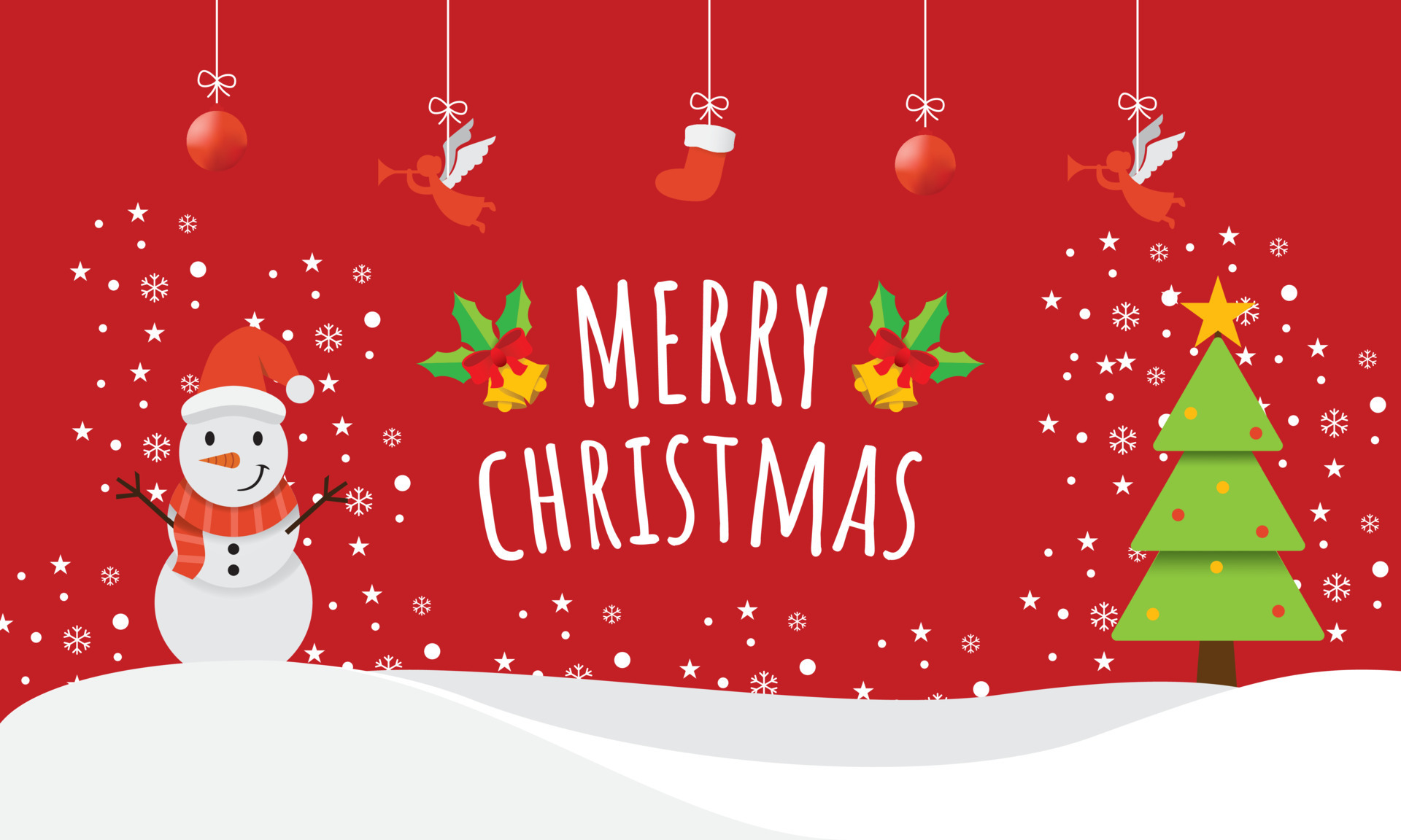 Merry Christmas landscape with christmas tree and snowman vector on ... Merry Christmas landscape with christmas tree and snowman vector on ...