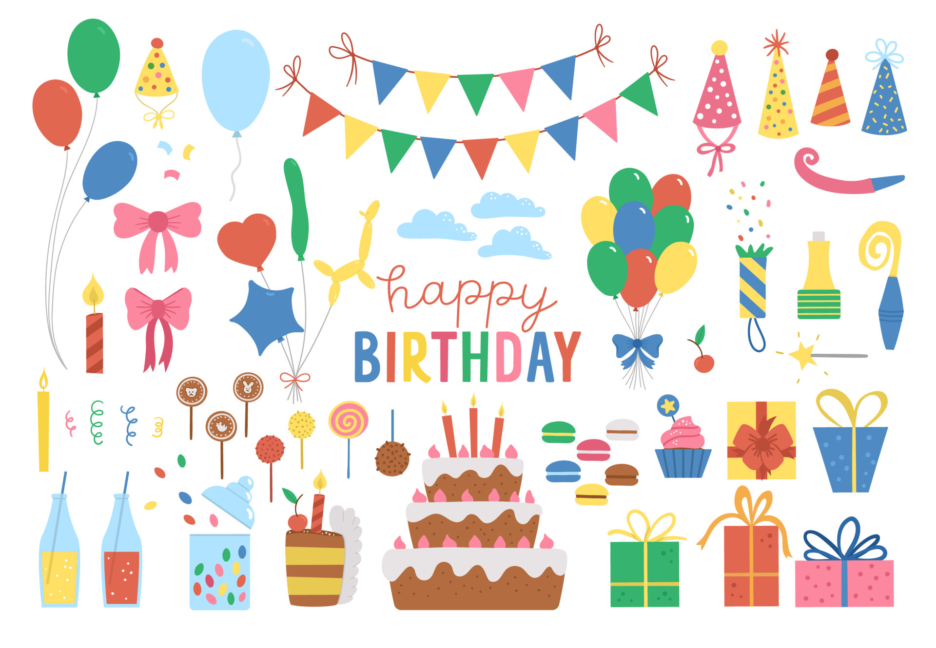 Set of cute Birthday design elements. Party celebration clipart ...