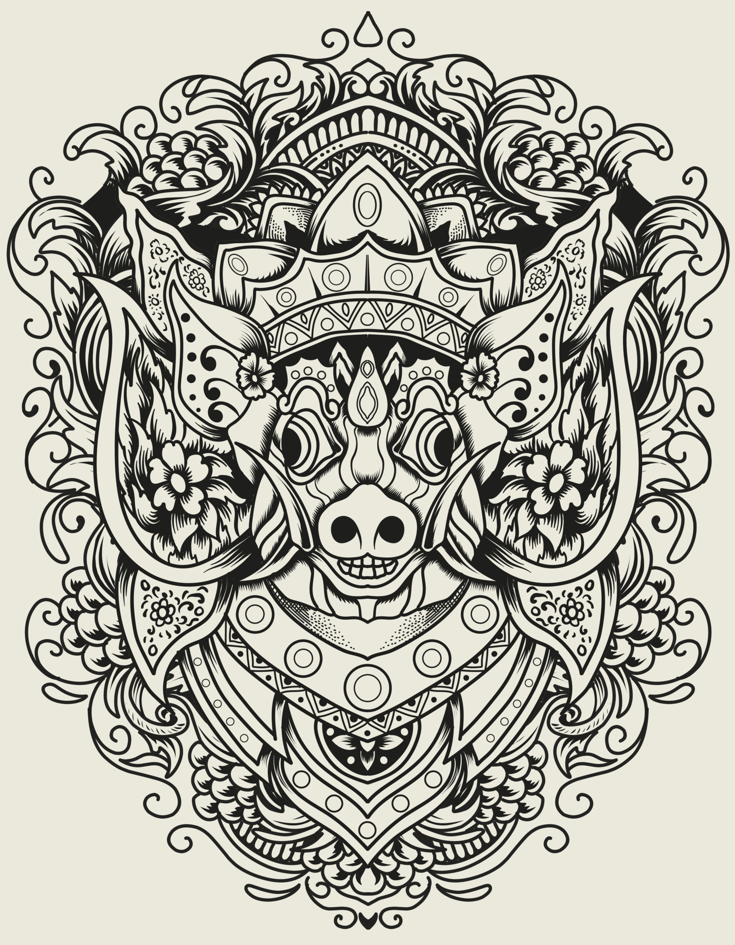Basic Rgbillustration Vector Barong Bangkung Head With Vintage Engraving Ornament 4680037 Vector